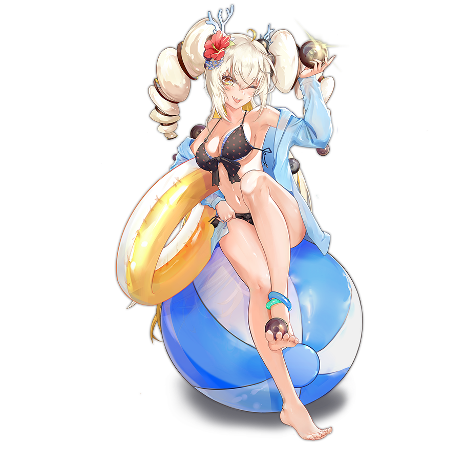 Safebooru - 1girl anklet ball barefoot beachball bikini black bikini blonde hair blush cooking ...