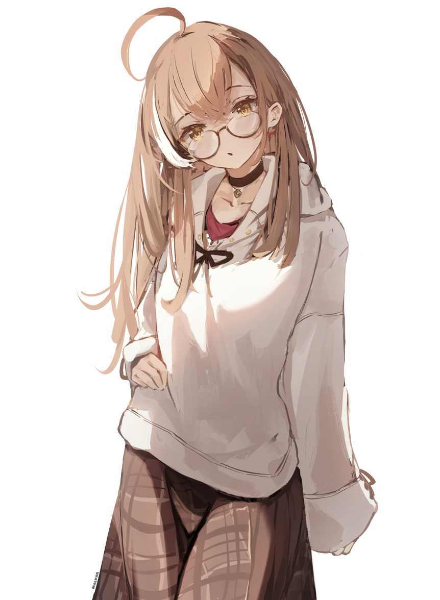 Safebooru - 1girl :o ahoge berry black choker brown eyes brown hair brown hoodie brown skirt ...