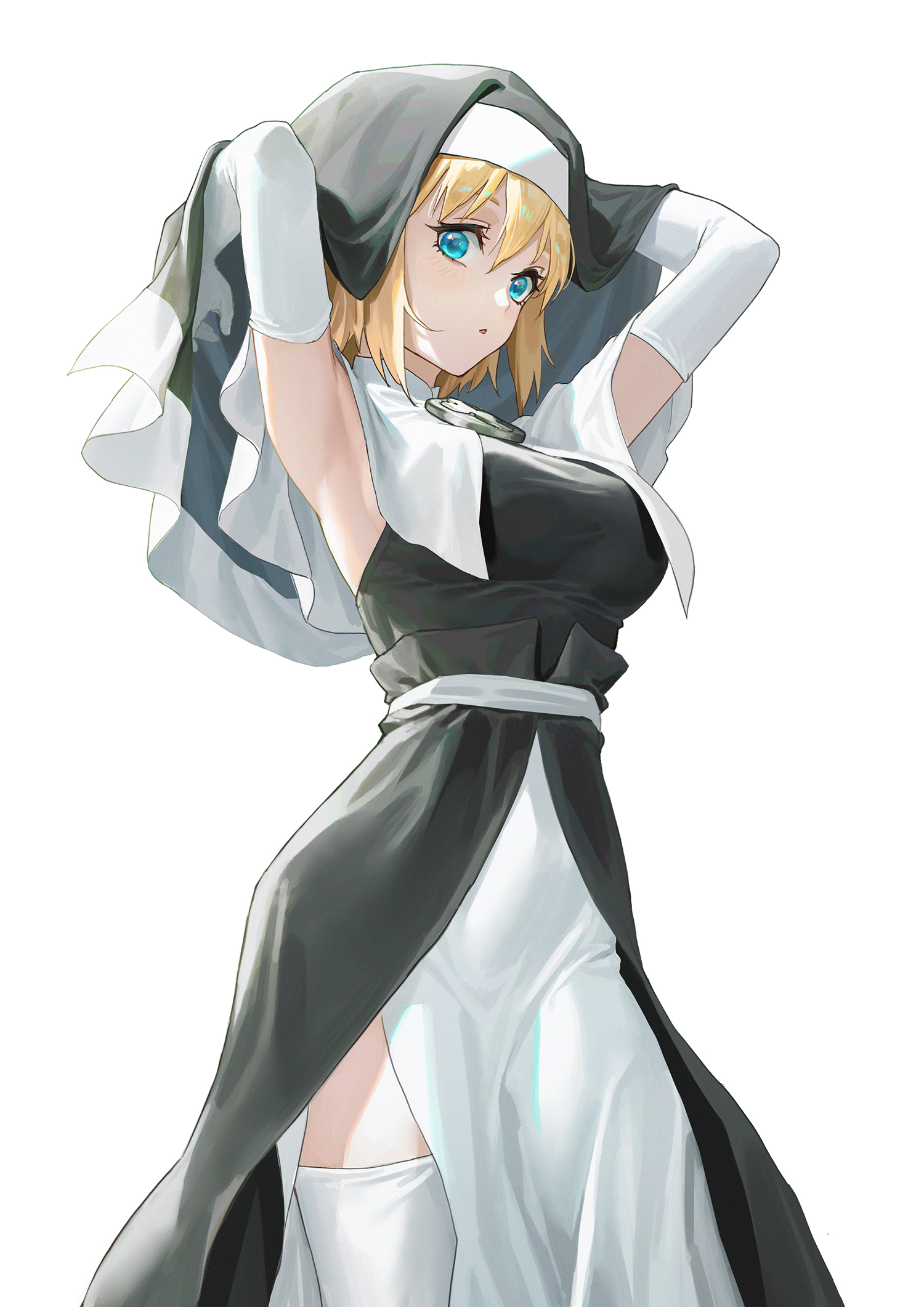 Safebooru - 1girl :o armpits arms behind head arms up blonde hair blue eyes breasts cowboy shot ...