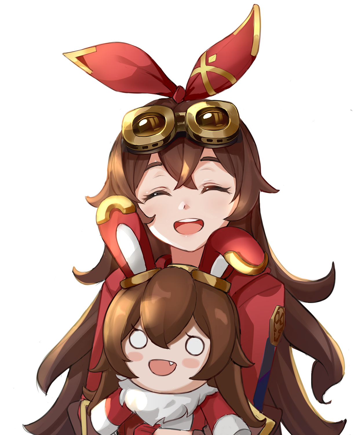 Safebooru - 1girl 1other :d amber (genshin impact) amco animal ears bangs baron bunny brown hair ...