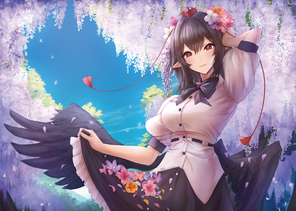 Safebooru - akehi yuki bird wings black bow black hair black skirt black wings blue sky bow ...