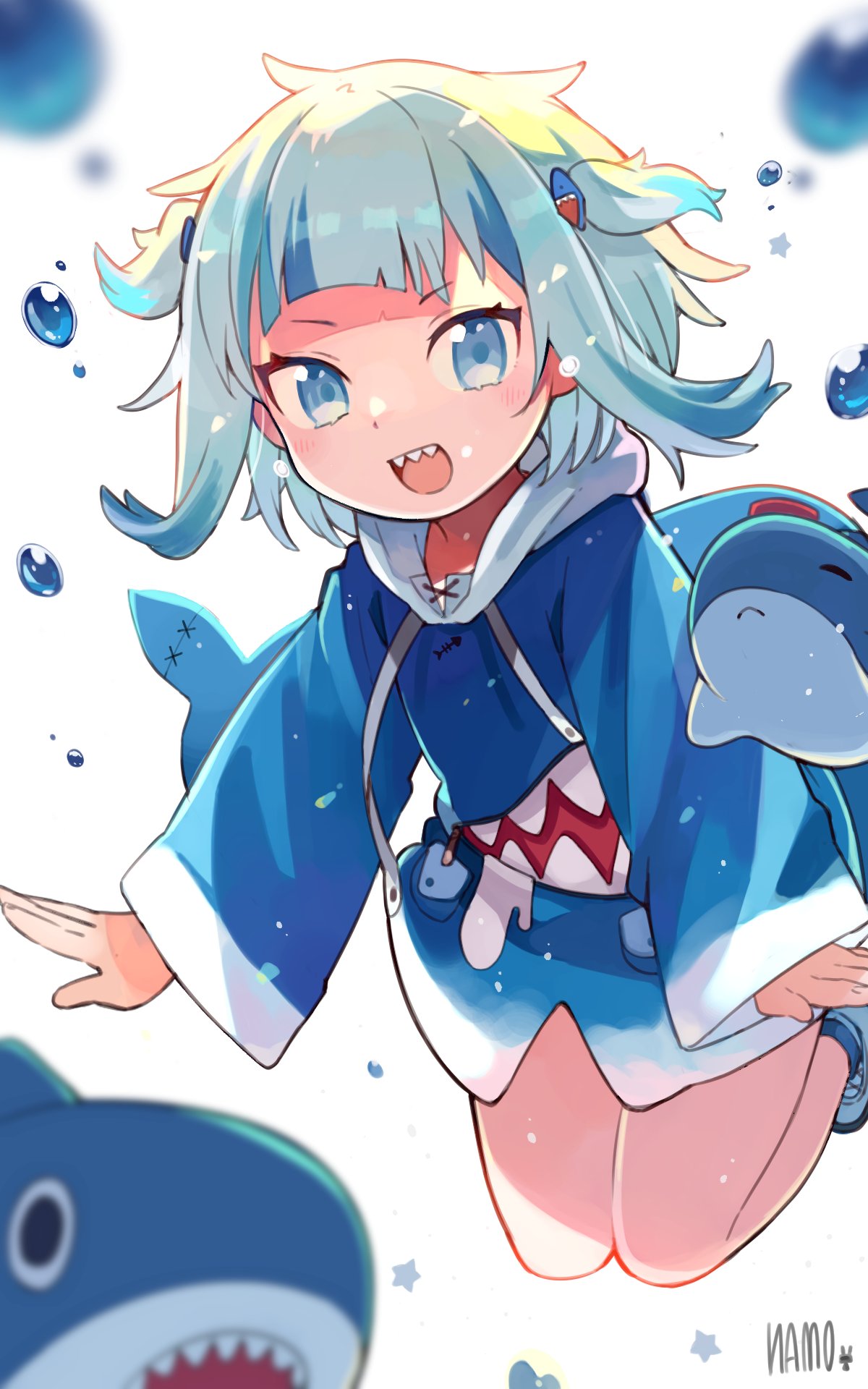 Safebooru - 1girl :d animal costume bangs bloop (gawr gura) blue eyes blue hair blue hoodie ...