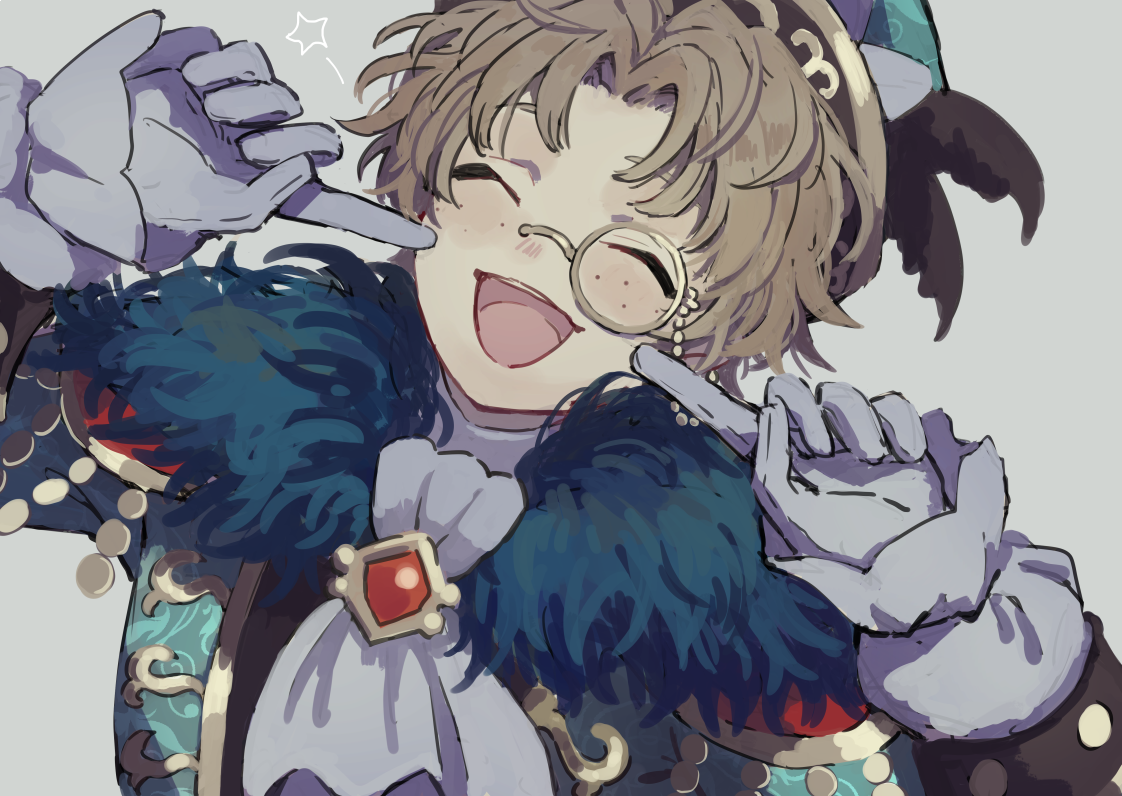 Safebooru - 1boy :d brown hair closed eyes cravat epaulettes facing ...