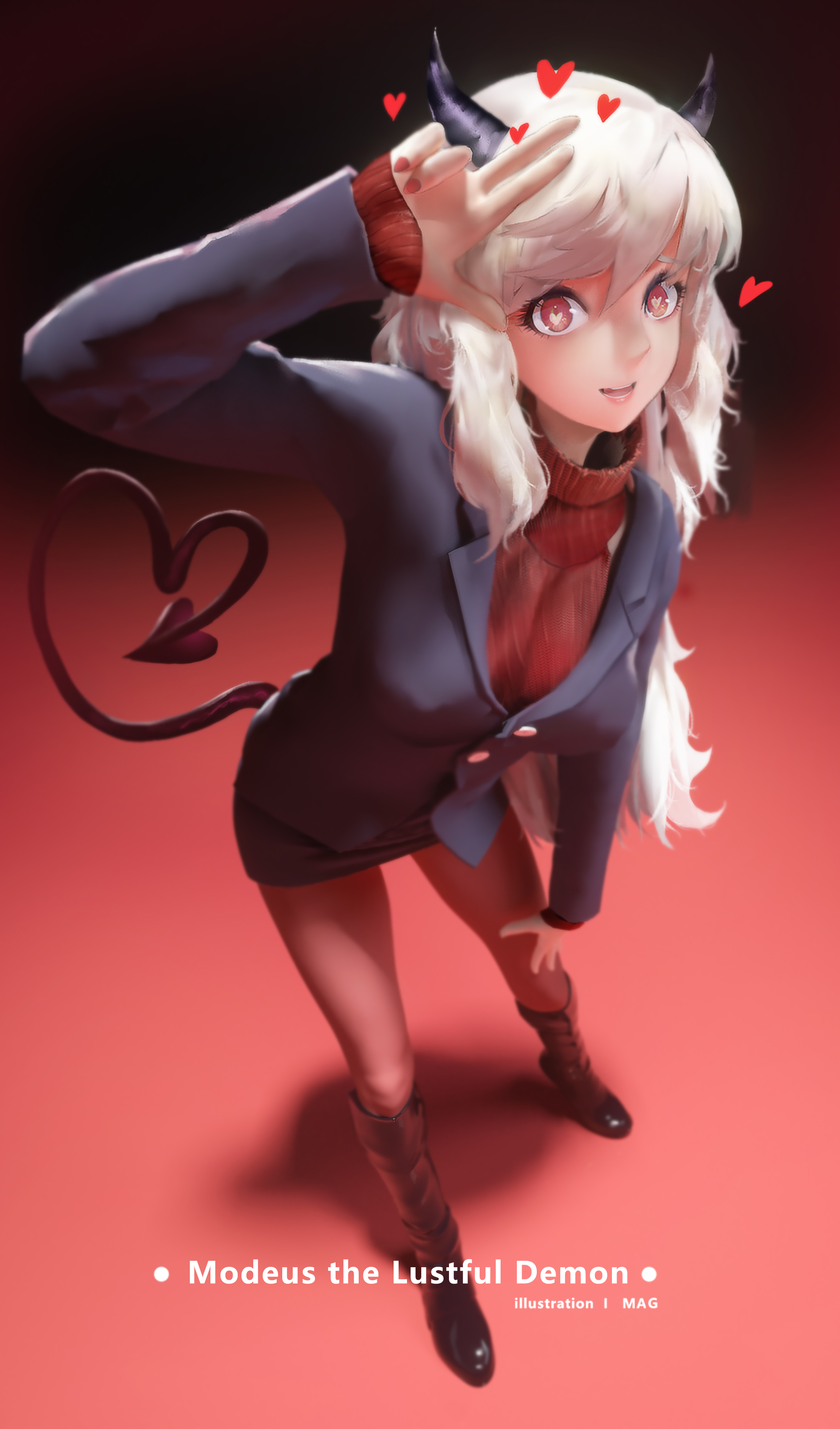 Safebooru - 1girl absurdres arm up artist name bangs black background black footwear black horns ...