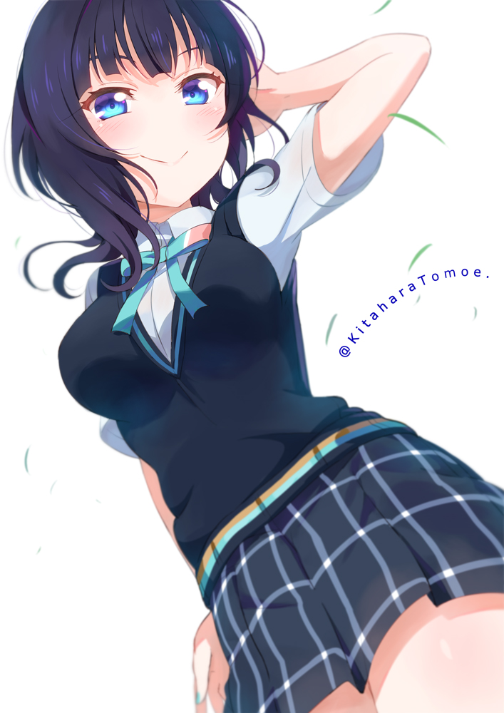 Safebooru - 1girl arm behind head arm up asaka karin bangs black hair blue eyes blue shirt blue ...