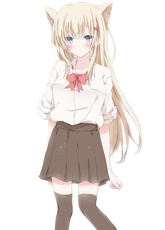 Safebooru - 1girl animal ears bangs black legwear blonde hair blue eyes blush bow cat ears hair ...