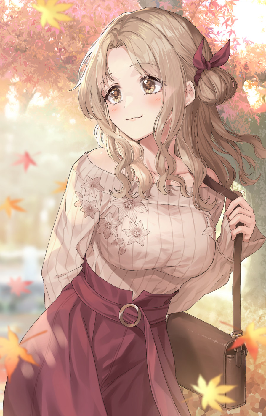 Safebooru - 1girl autumn autumn leaves bag bangs bare shoulders blush bow breasts brown eyes ...