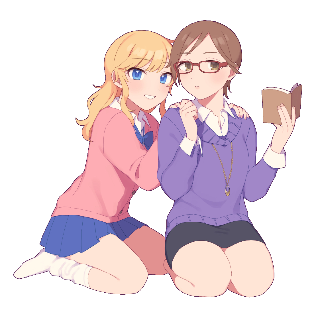 Safebooru - 2girls aikawa chinatsu bangs blonde hair blue eyes blue skirt blush book brown eyes ...