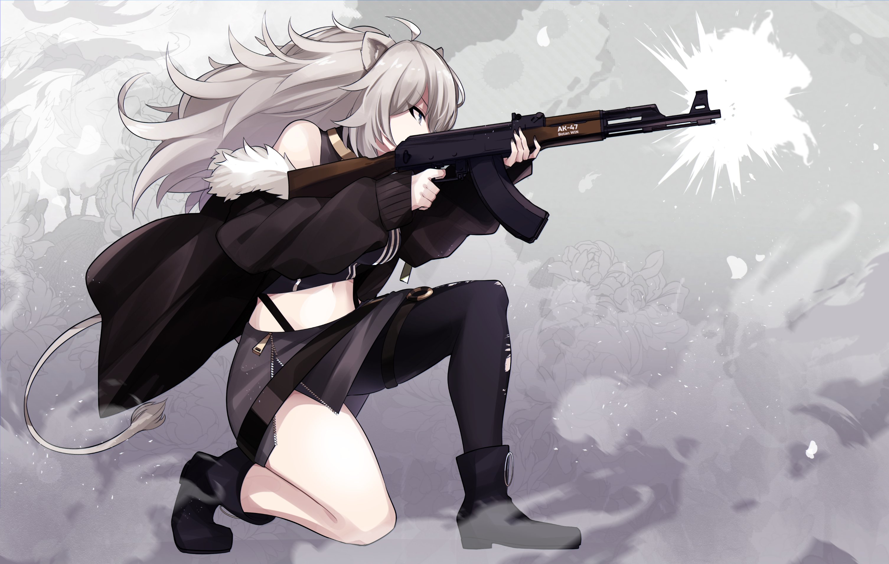 Safebooru - 1girl aho ahoge ak-47 animal ears assault rifle firing floral background grey eyes ...