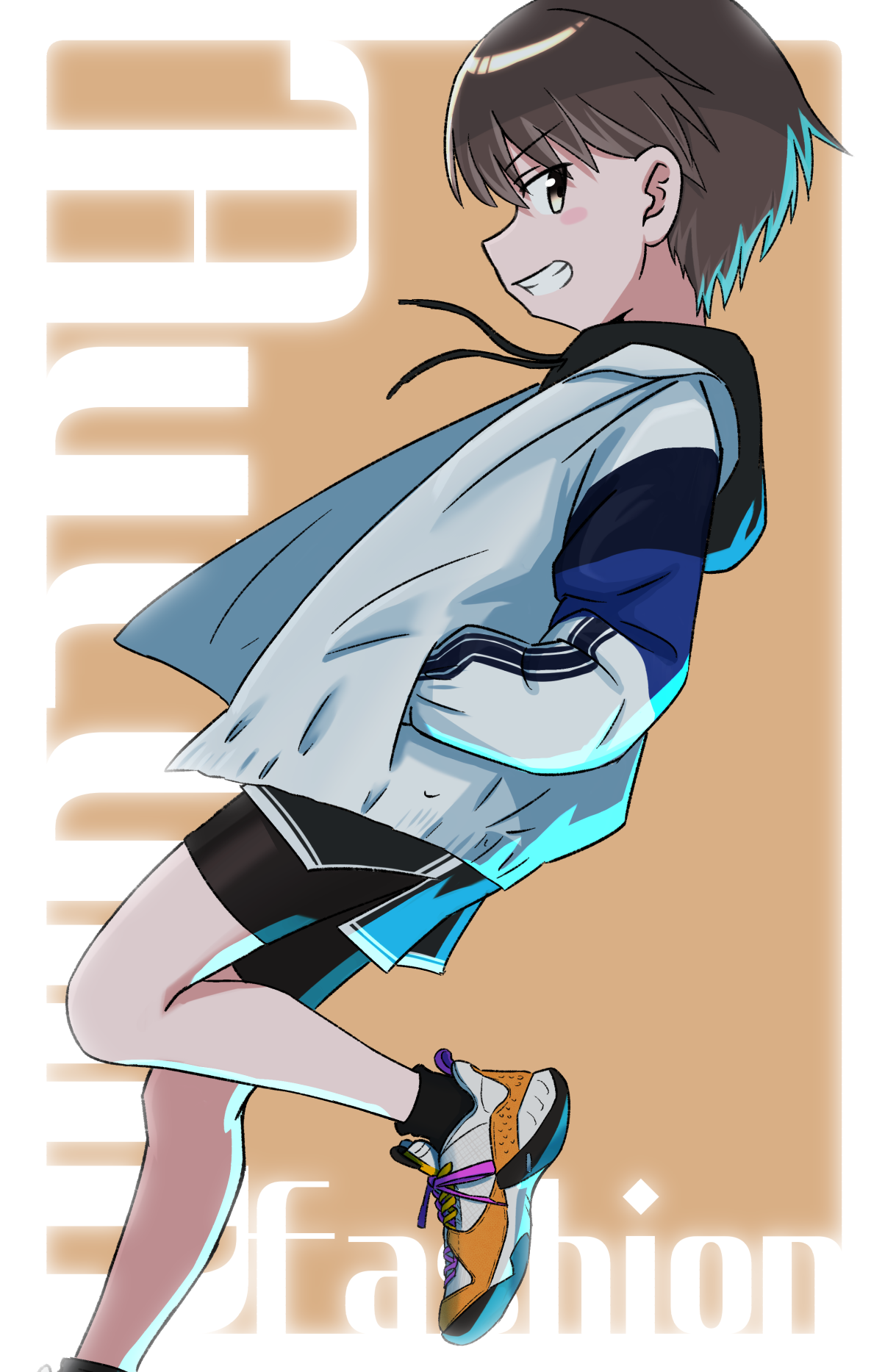 Safebooru - 1girl background text bangs bike shorts black legwear black shorts brown background ...