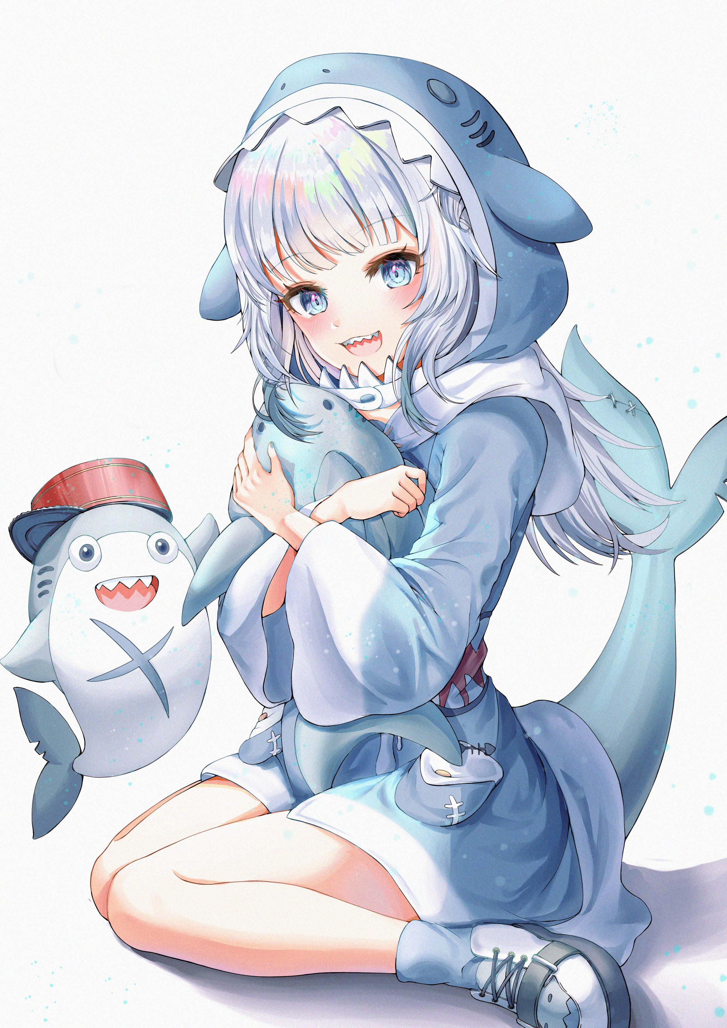 Safebooru - 1girl :d absurdres animal costume animal hood blue eyes blue hair blue hoodie blue ...
