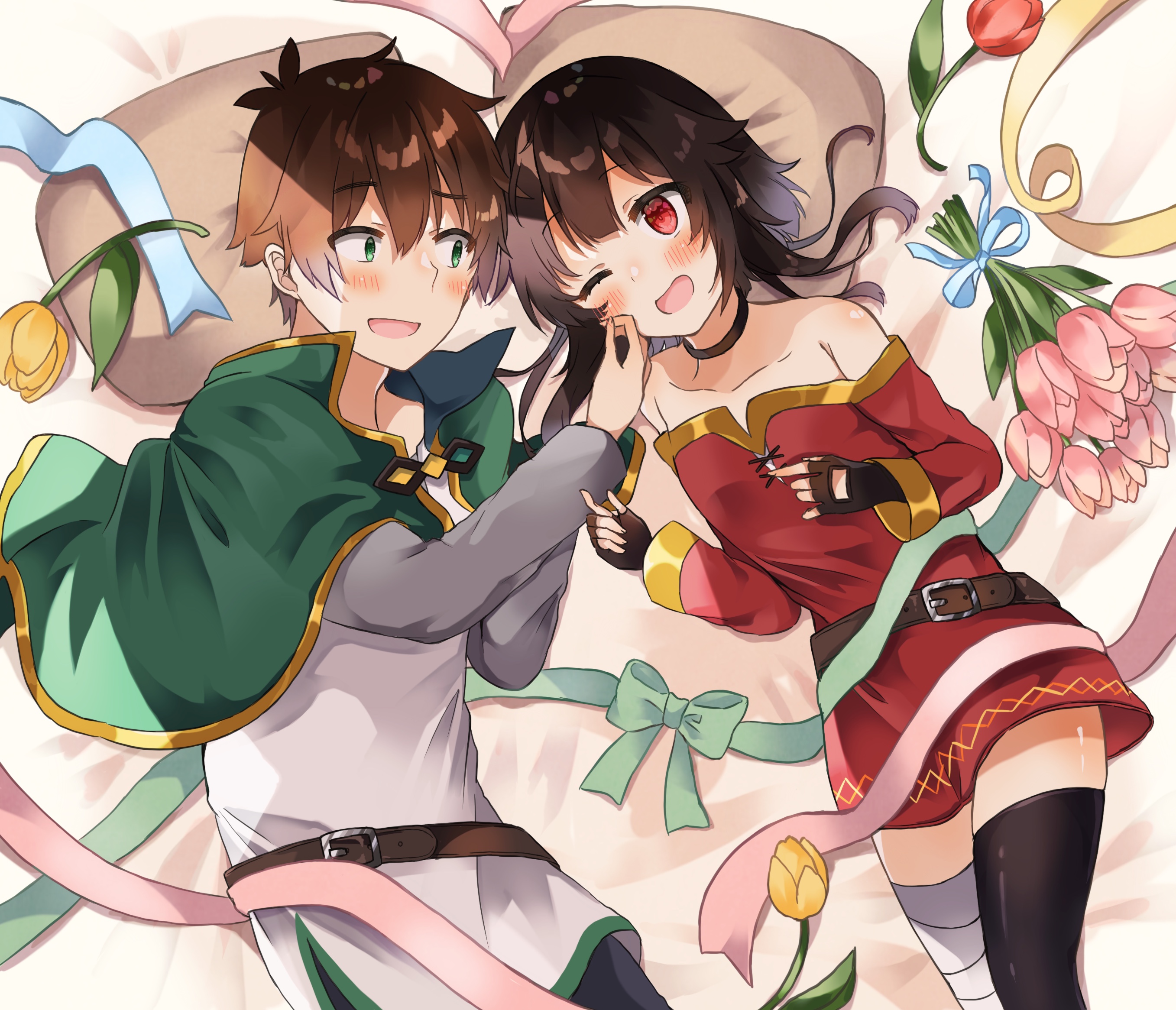 Safebooru - 1boy 1girl :d asymmetrical legwear bandaged leg bandages belt black hair black ...