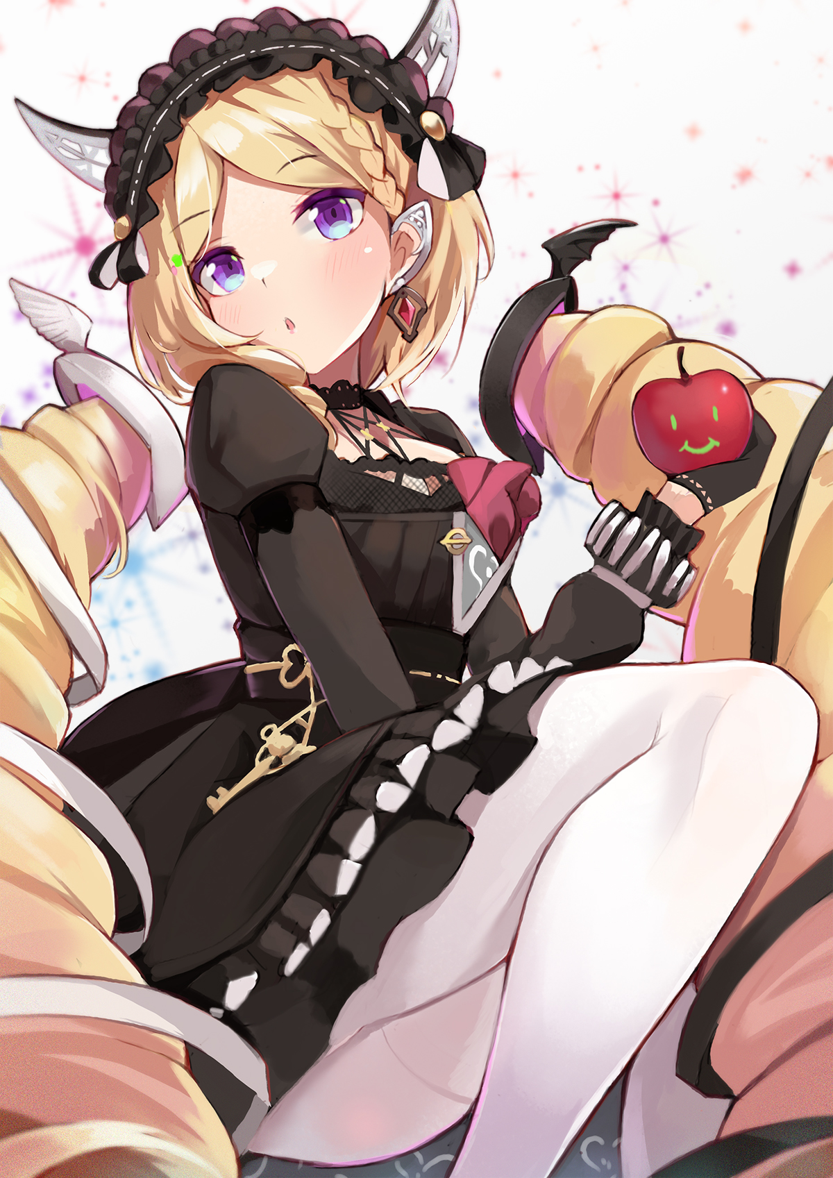 Safebooru - 1girl aki rosenthal apple belt black dress blonde hair dress drill hair earrings ...