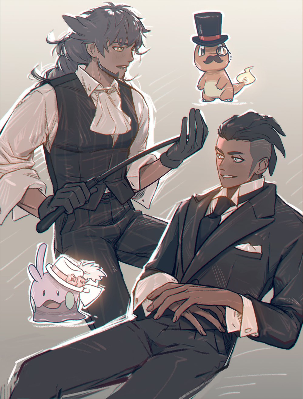 Safebooru - 2boys beard black gloves black hair black headwear black jacket black neckwear black ...