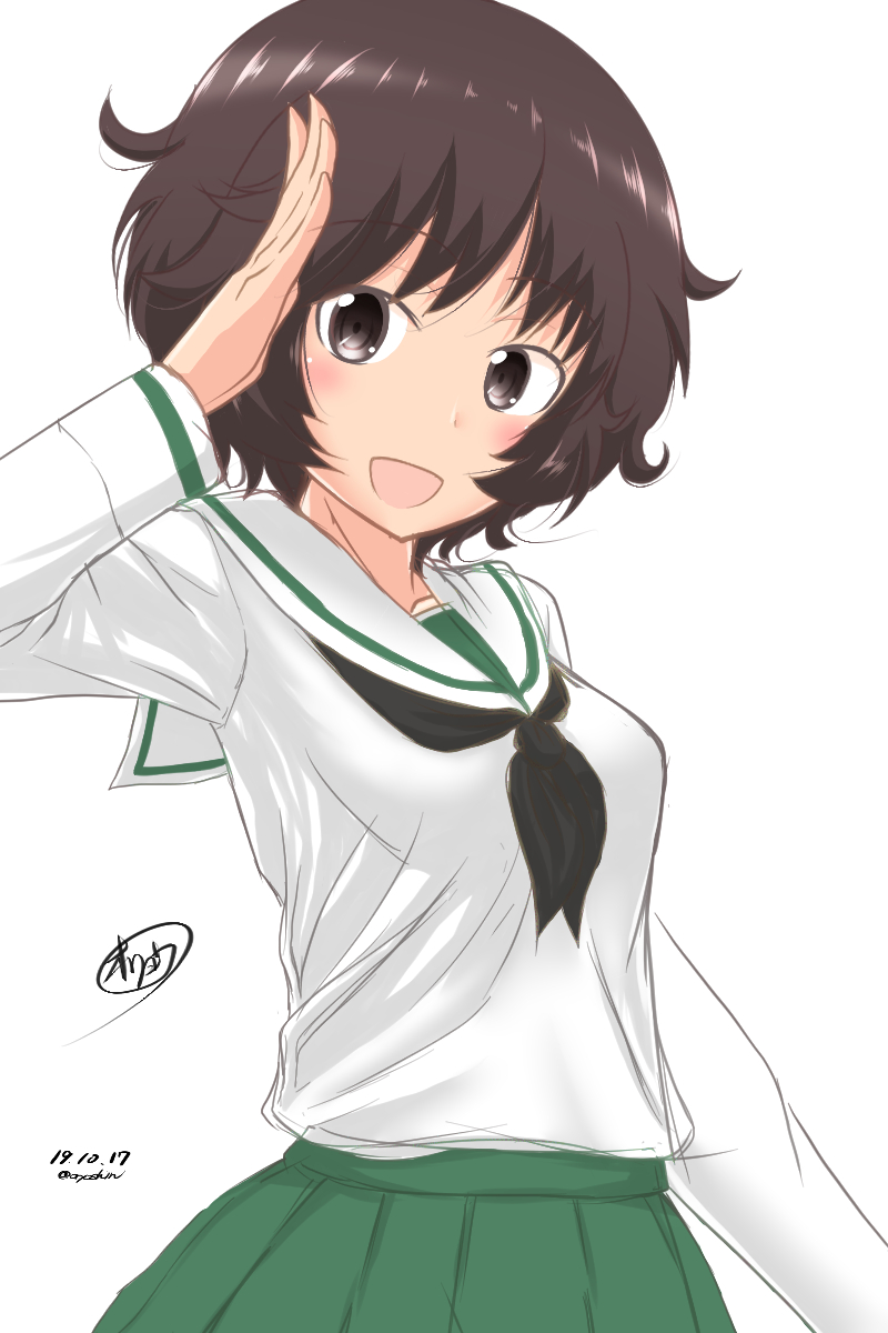 Safebooru - 1girl akiyama yukari artist name bangs black neckwear blouse brown eyes brown hair ...
