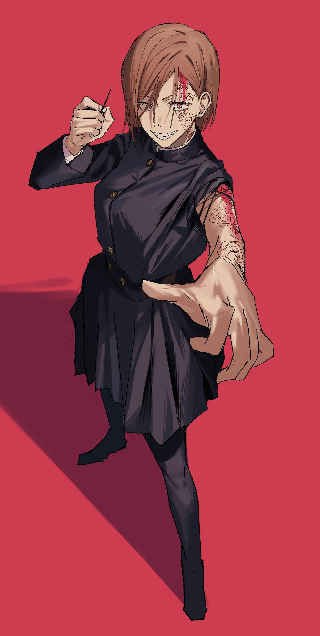 Safebooru - 1girl bleeding blood blood on face brown hair crazy eyes grin highres holding nail ...