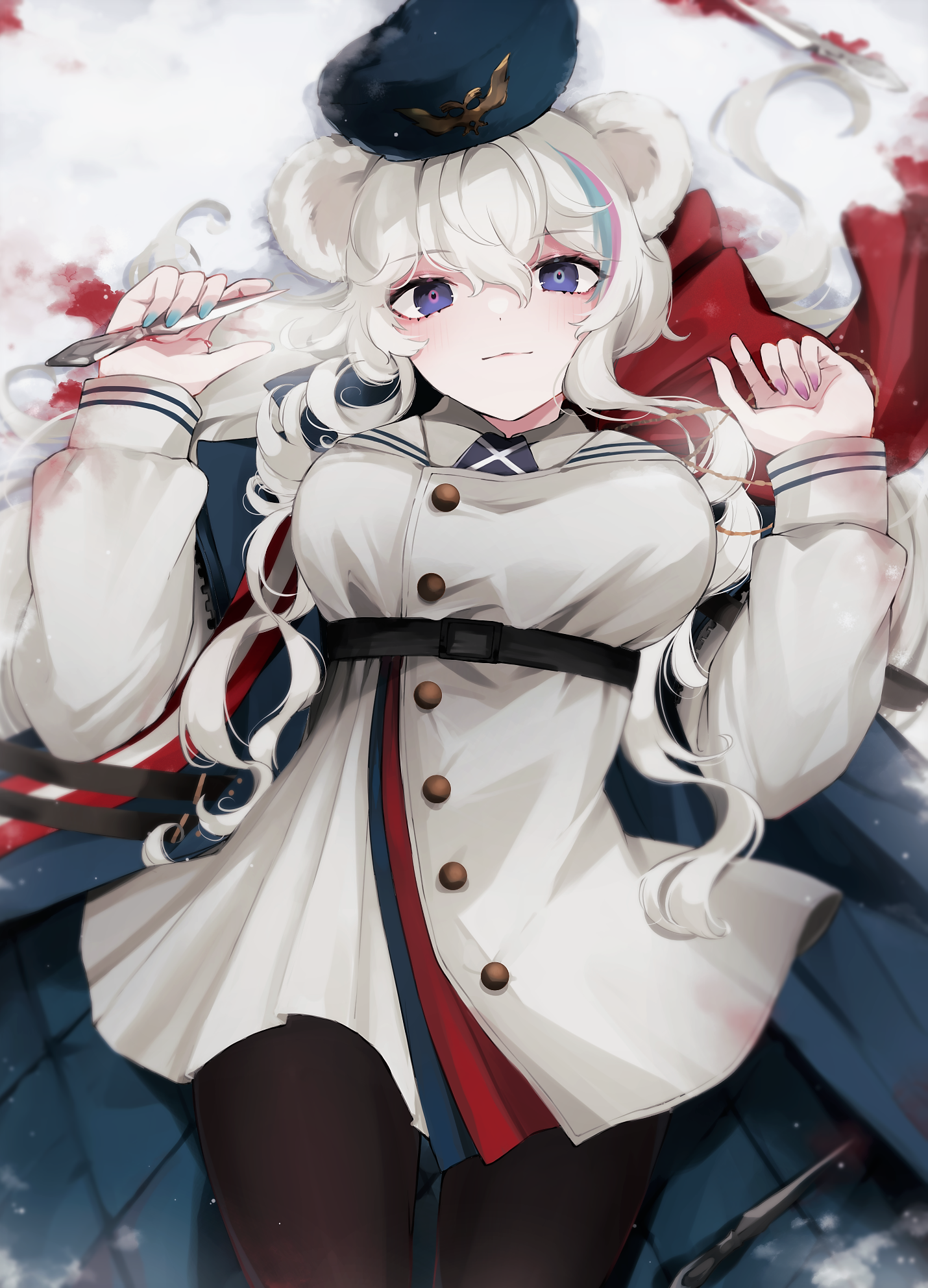 Safebooru - 1girl animal ears arknights bear ears black legwear black sash blood blue coat blue ...