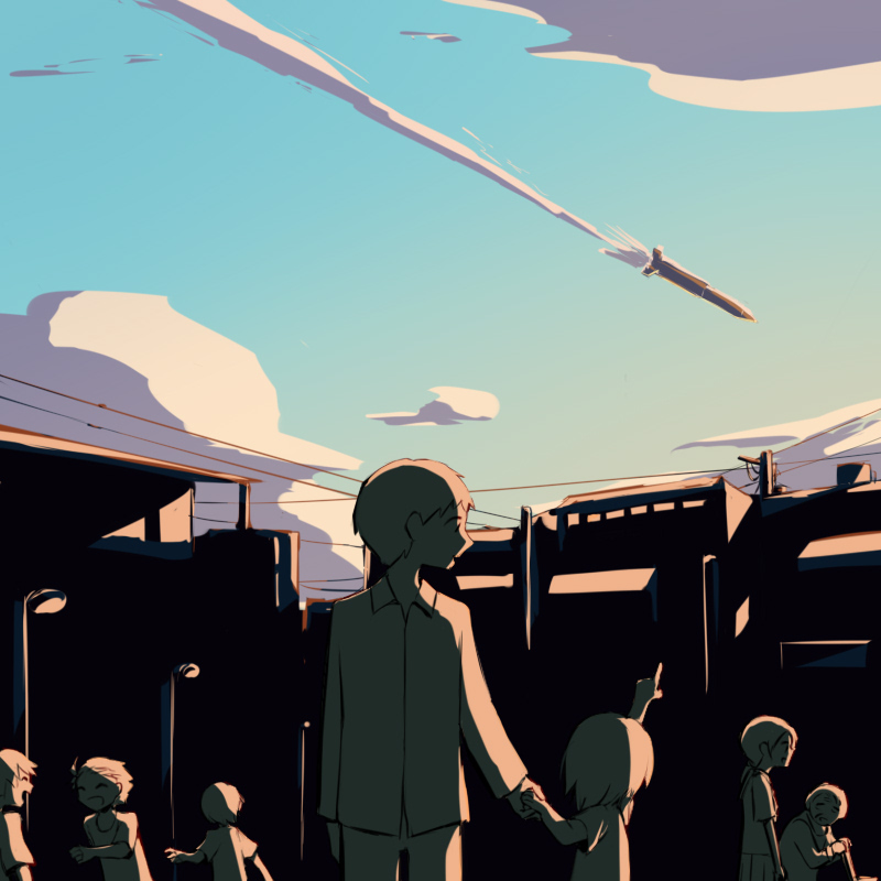 Safebooru - avogado6 building child day hand up holding hands missile ...