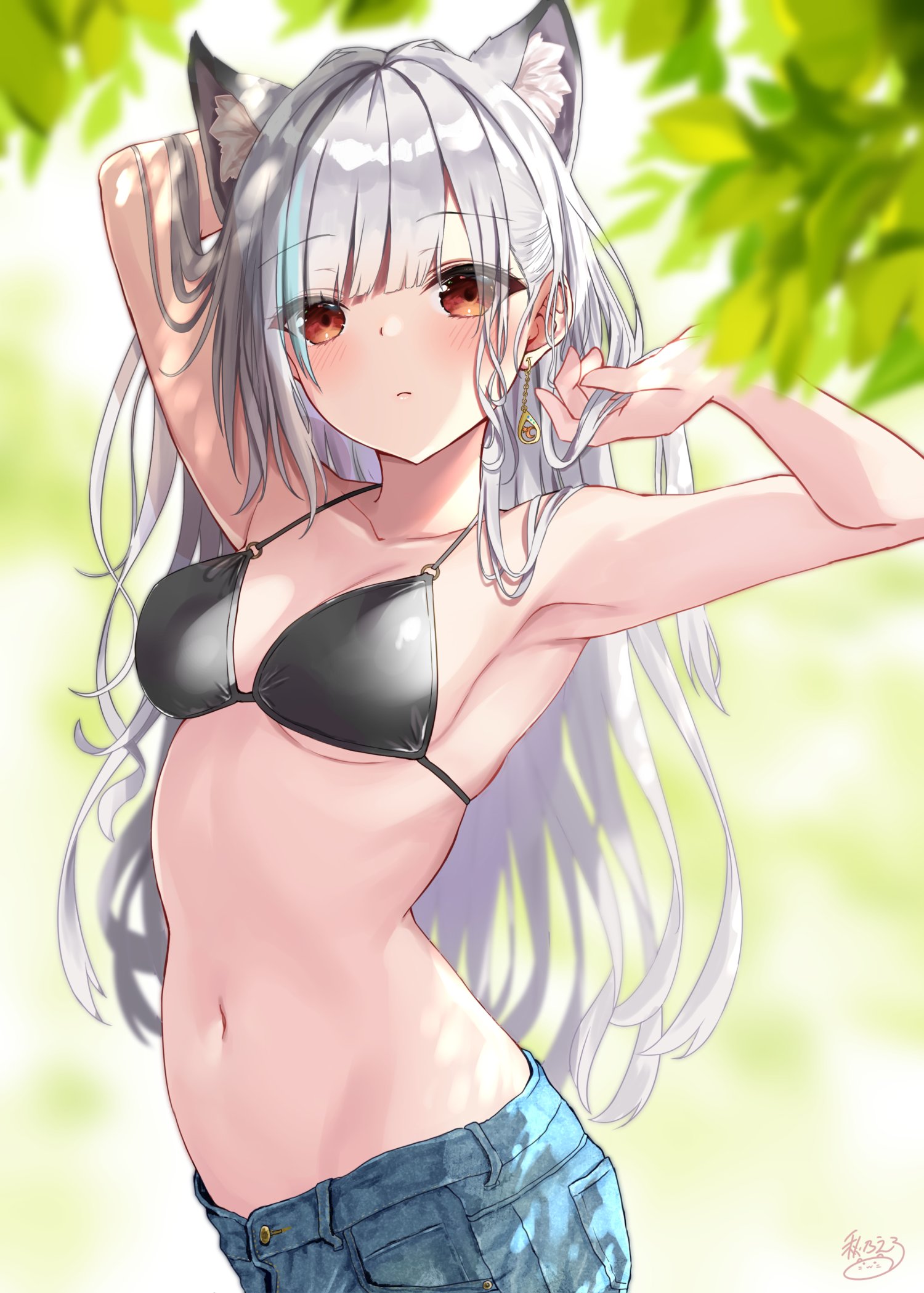 Safebooru - 1girl akino ell animal ear fluff animal ears arm behind head armpits arms up bare ...