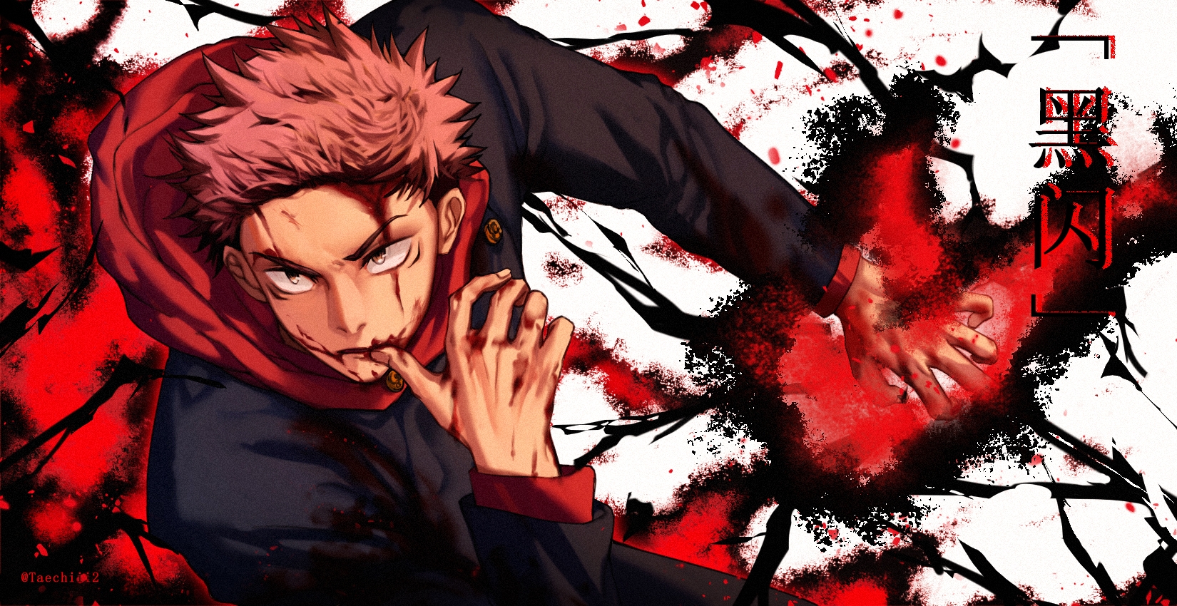 Safebooru - 1boy aura black eyes black jacket bleeding blood blood on face closed mouth facial ...