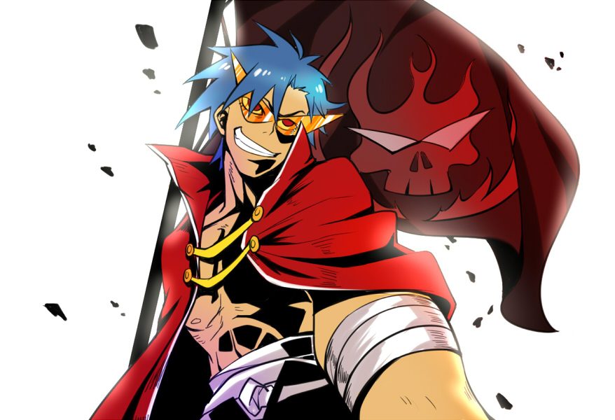 Safebooru - 1boy blue hair cape flag grin kamina kamina shades raki-r ...