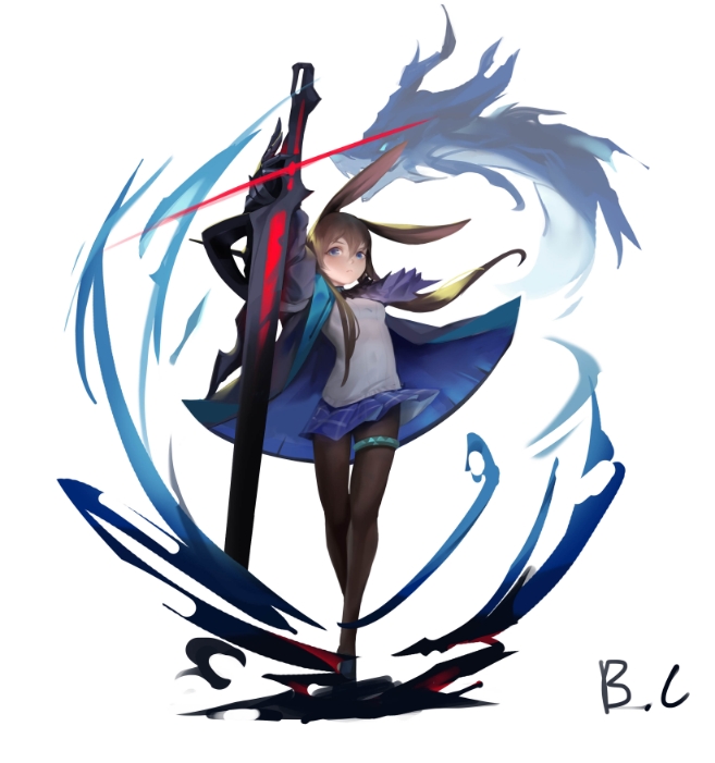 Safebooru - 1girl amiya (arknights) animal ears arknights arm up armor blue eyes blue skirt ...