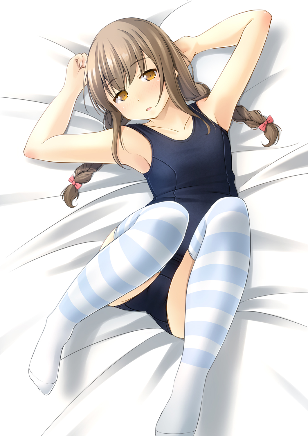 Safebooru - armpits arms up bangs bare arms bare shoulders bed sheet blush braid brown eyes ...