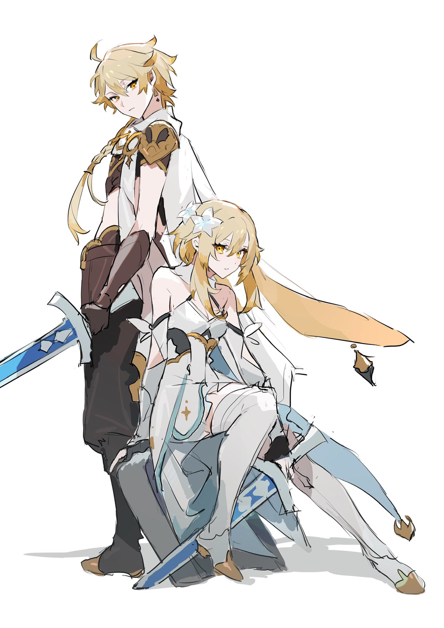 Safebooru - 1boy 1girl aether (genshin impact) ahoge bangs black gloves blonde hair boots braid ...