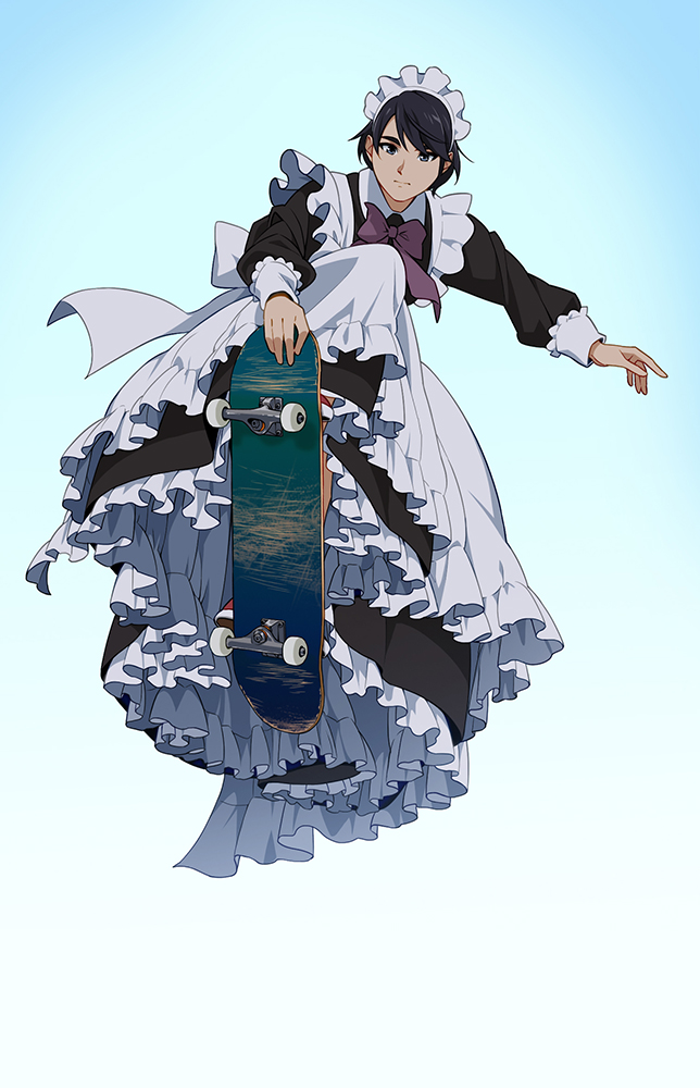Safebooru - apron aqua background black hair dress from below jumping ...