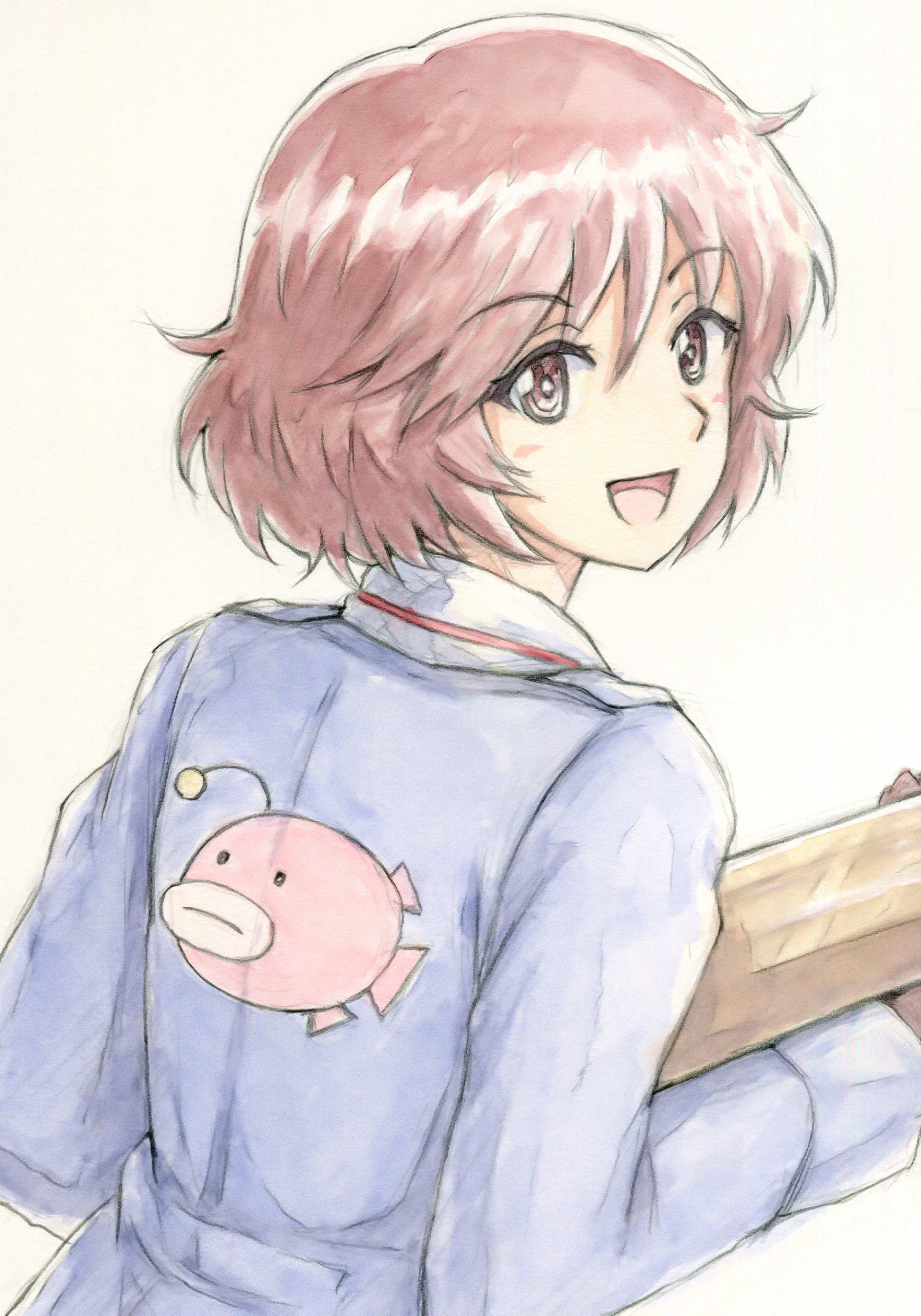 Safebooru - 1girl :d absurdres akiyama yukari anglerfish bangs black gloves blue jacket brown ...