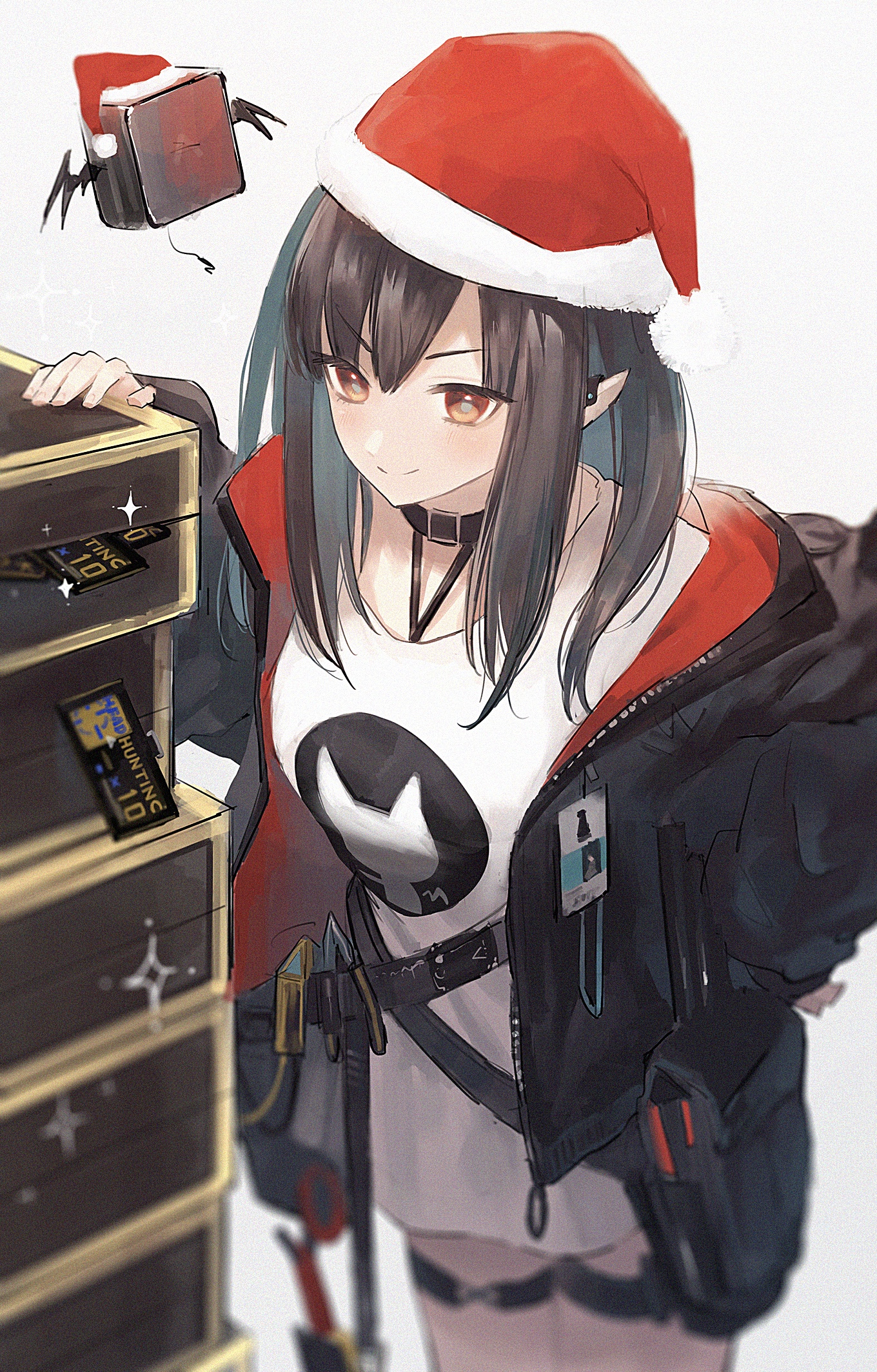 Safebooru - >:) 1girl arknights black hair black jacket blurry blush bobblehat closed mouth ...