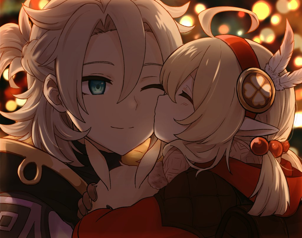 Safebooru - 1boy 1girl ahoge albedo (genshin impact) backpack bag bangs blonde hair blue eyes ...