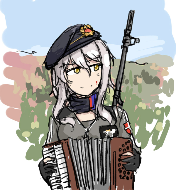 Safebooru - 1girl accordion beret black scarf breasts dutchko girls ...
