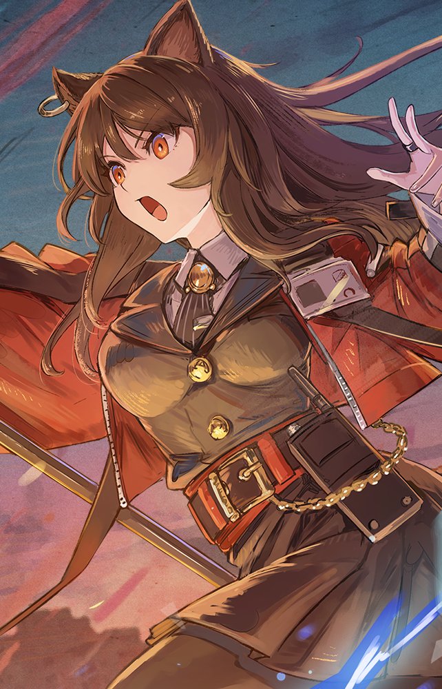 Safebooru - 1girl animal ears arknights belt black jacket black skirt brown hair cat ears chain ...