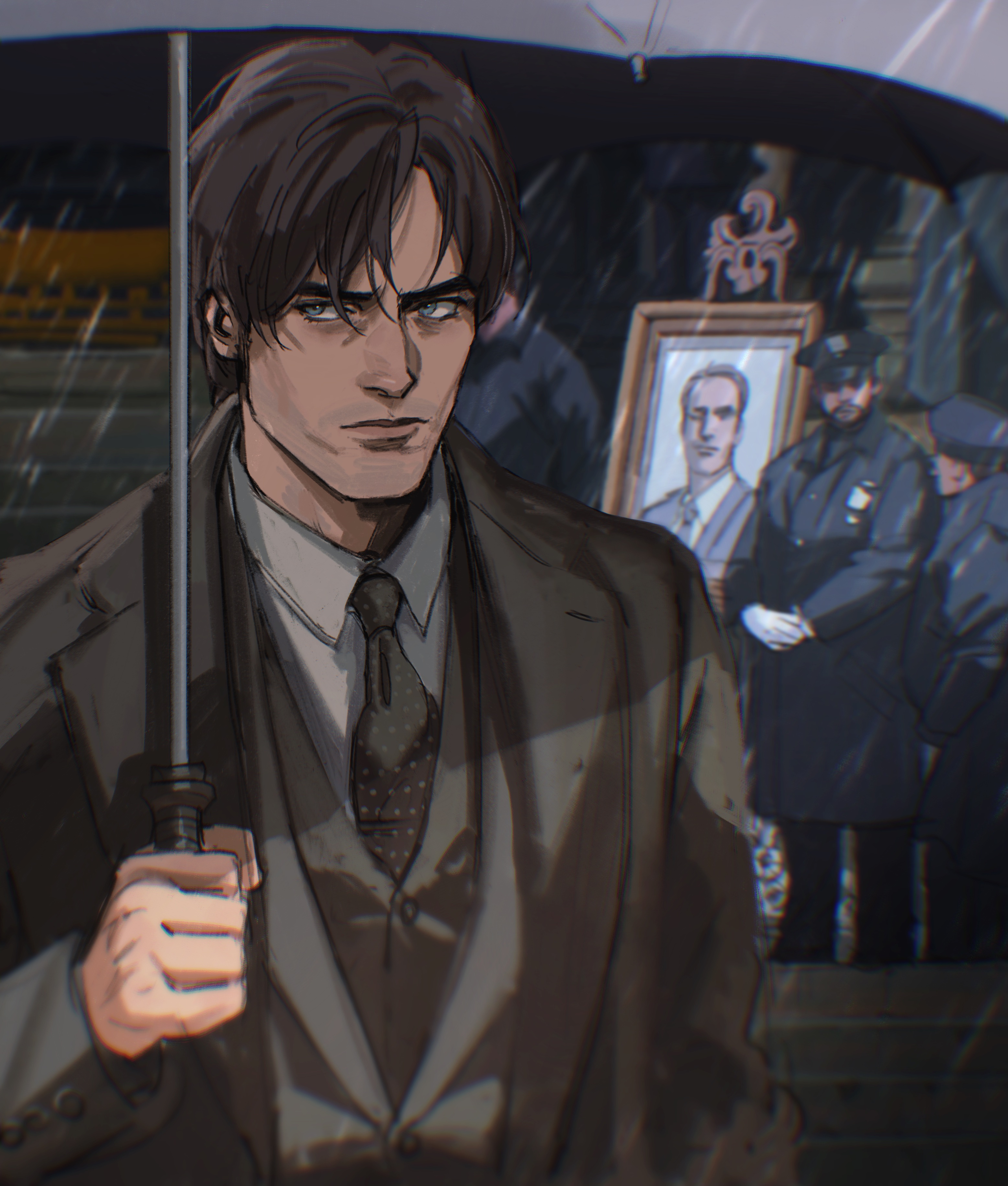 Safebooru - 6+boys absurdres bangs batman (series) beard black coat black headwear blue eyes ...