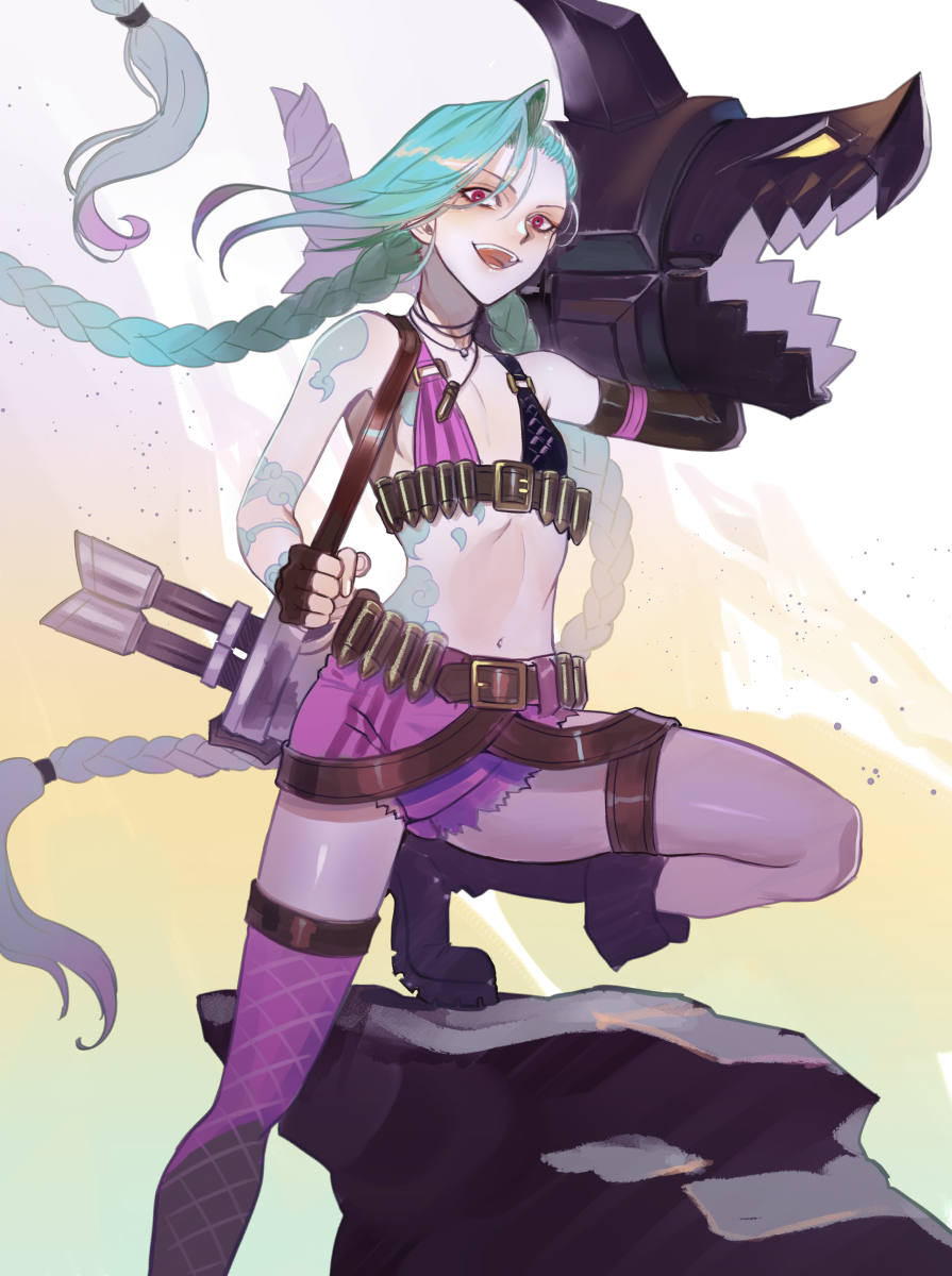 Safebooru - 1girl aqua hair arm tattoo bare shoulders belt black gloves boots brown belt bullet ...