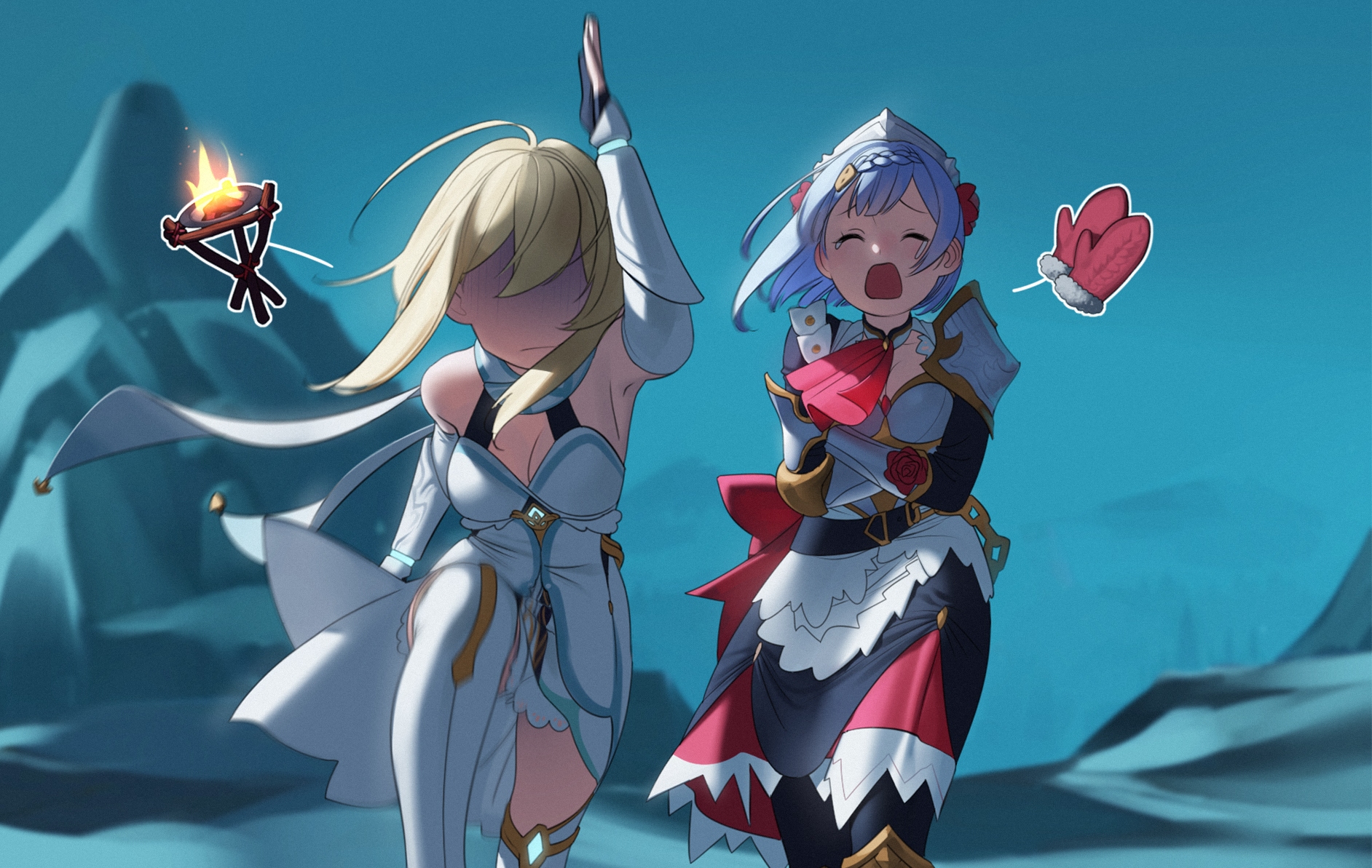 Safebooru - 2girls apron arm up armor armored dress ascot bangs bare shoulders black gloves ...