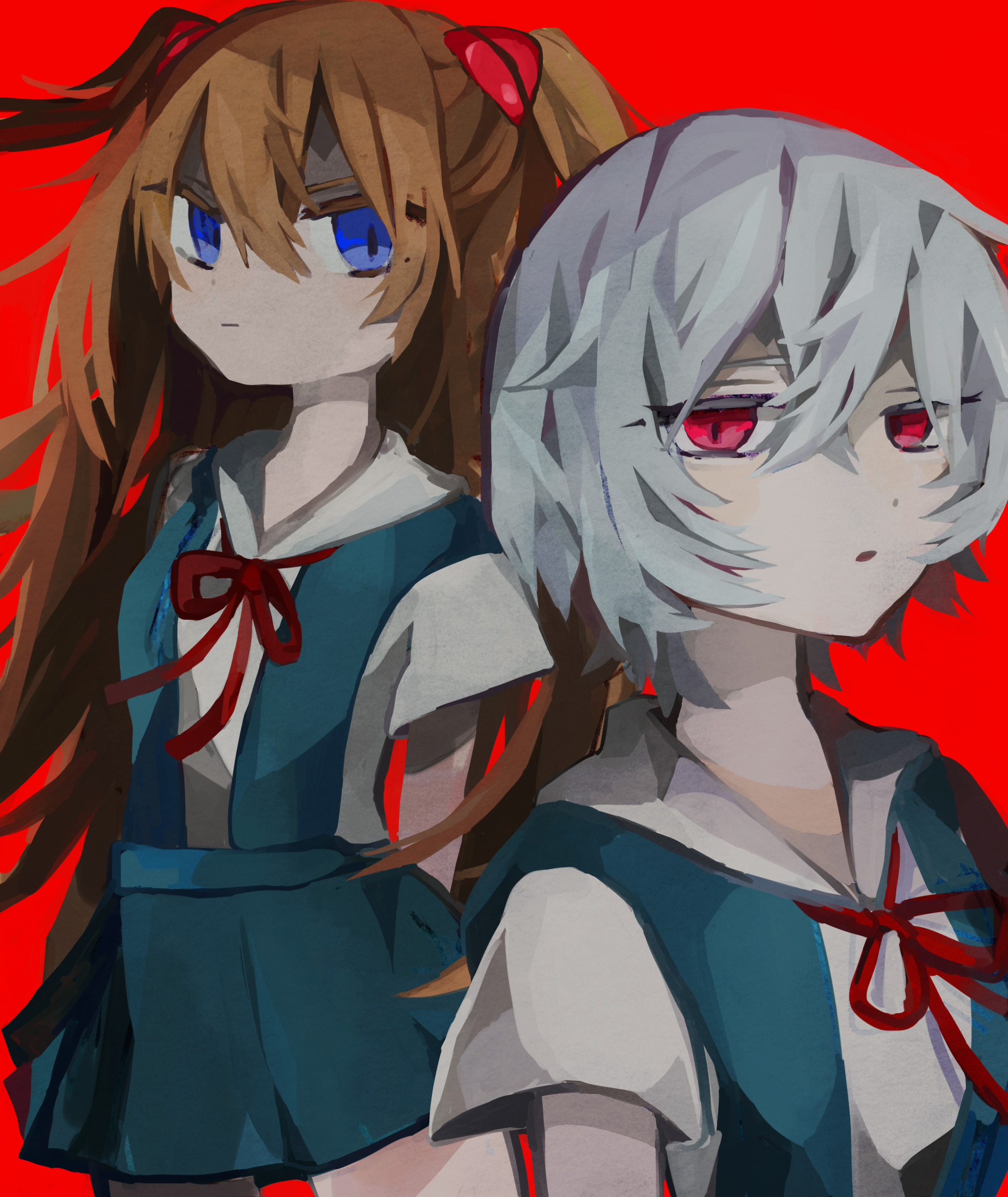 Safebooru - 2girls arms behind back ayanami rei bangs blue eyes blue skirt brown hair collared ...