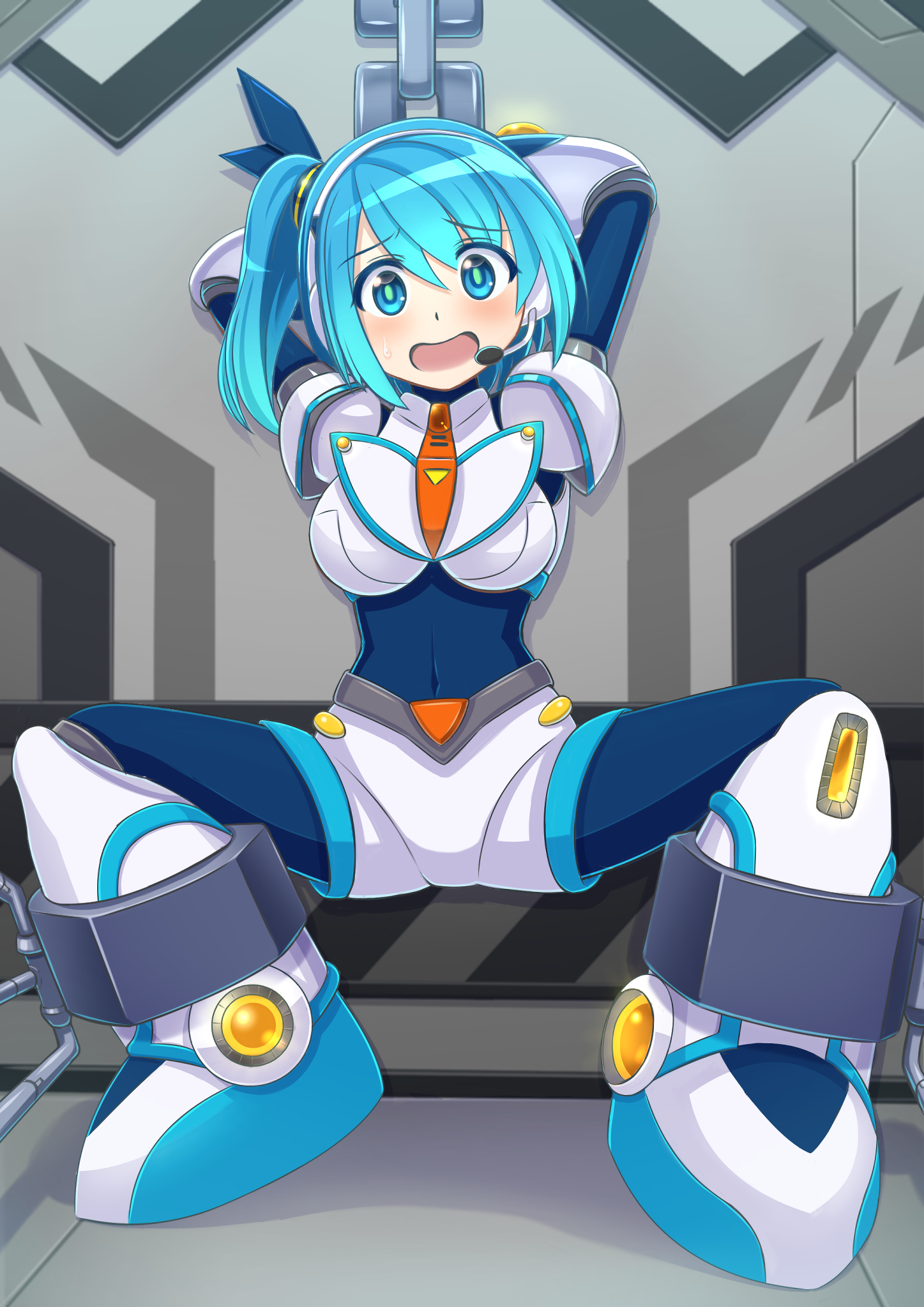 Safebooru - 1girl android armor armored boots arms behind head bangs blue bodysuit blue eyes ...
