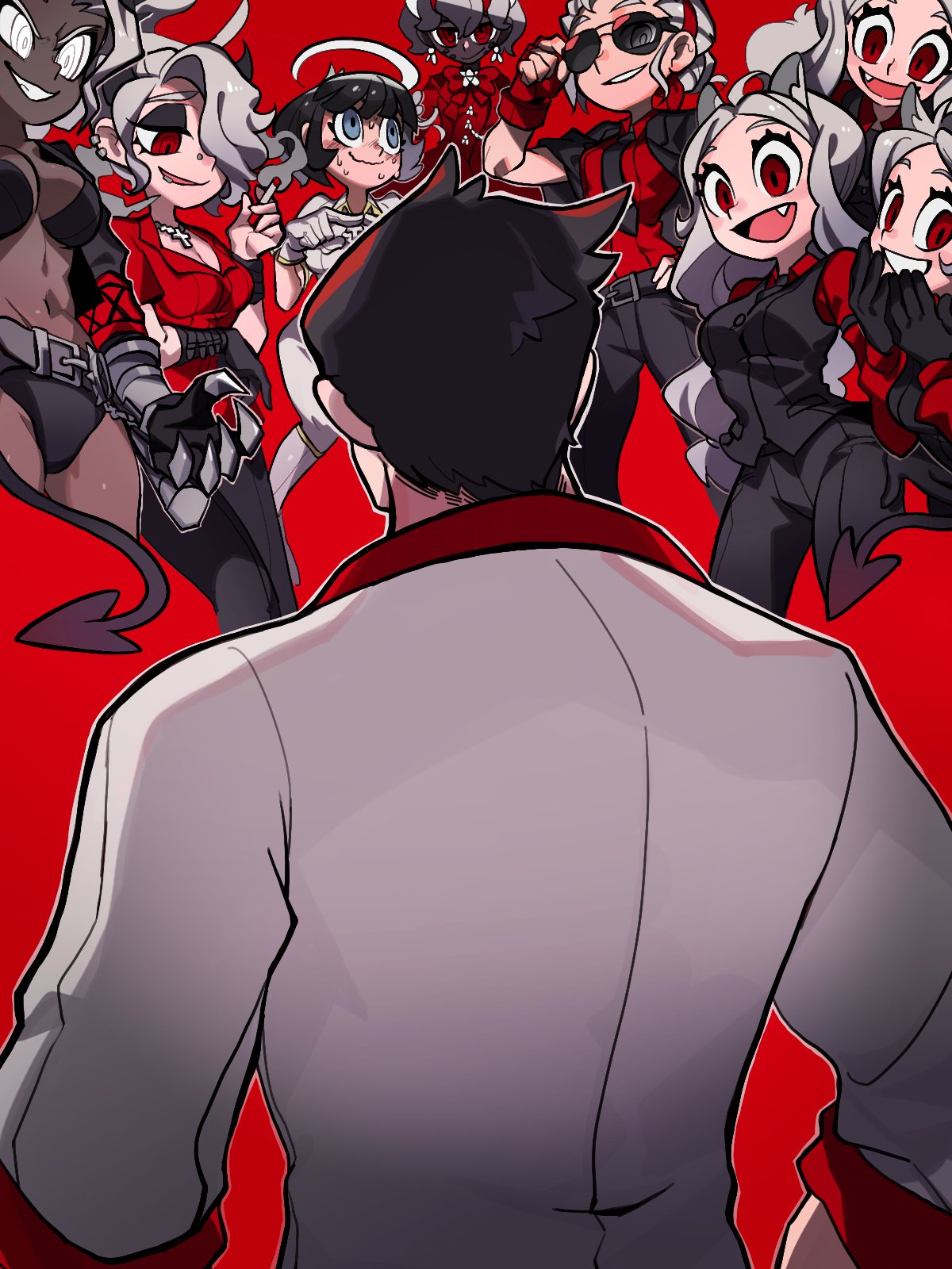 Safebooru - 1boy 6+girls adjusting eyewear animal ears azazel (helltaker) beelzebub (helltaker ...
