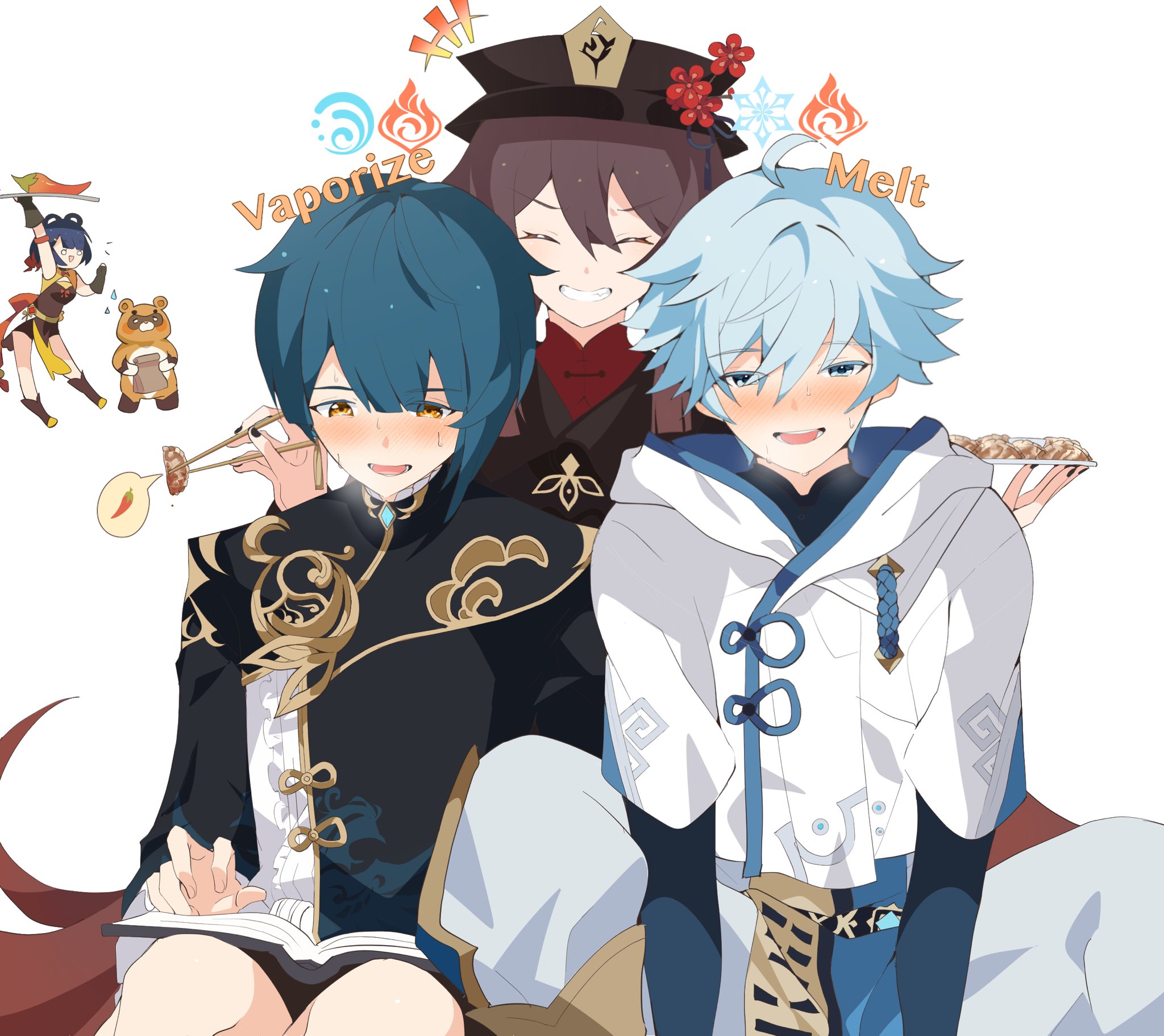 Safebooru - 2boys 2girls blue eyes blue hair blush book brown hair chili pepper chongyun ...