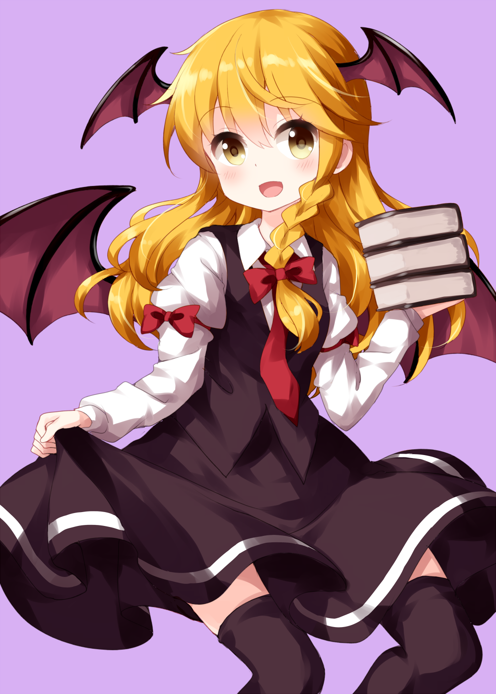 Safebooru - 1girl bangs bat wings black legwear black skirt black vest blonde hair book bow ...