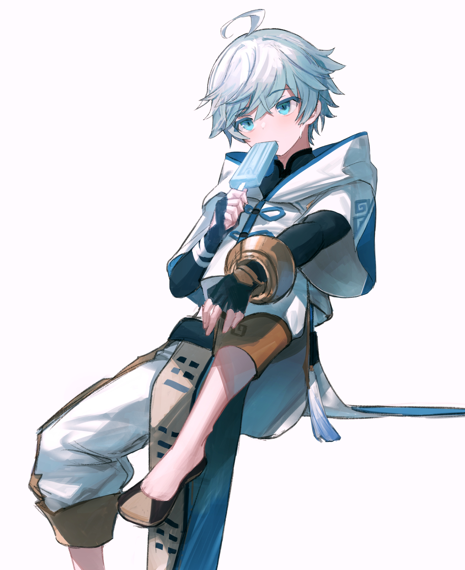 Safebooru - 1boy ahoge blue eyes blue hair blush chongyun (genshin impact) eating fingerless ...