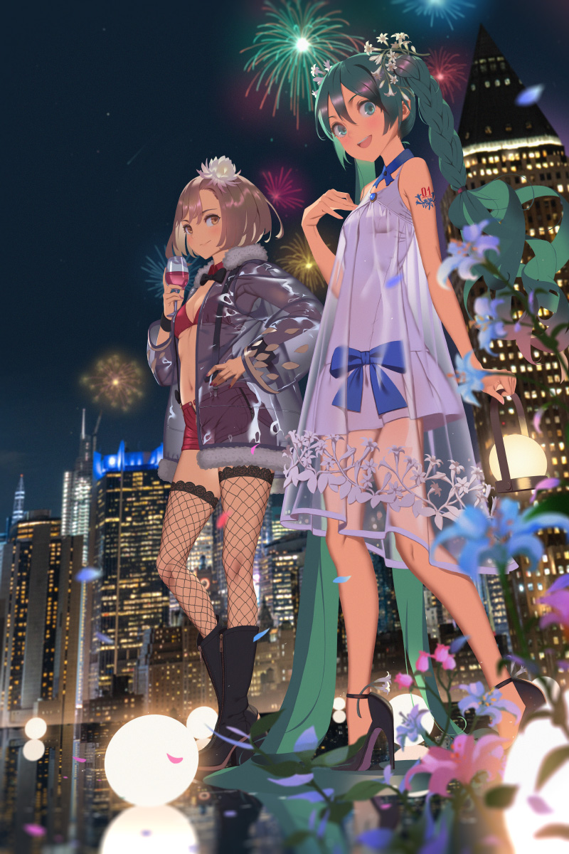 Safebooru - 2girls :d absurdly long hair aerial fireworks bare shoulders bikini bikini top black ...