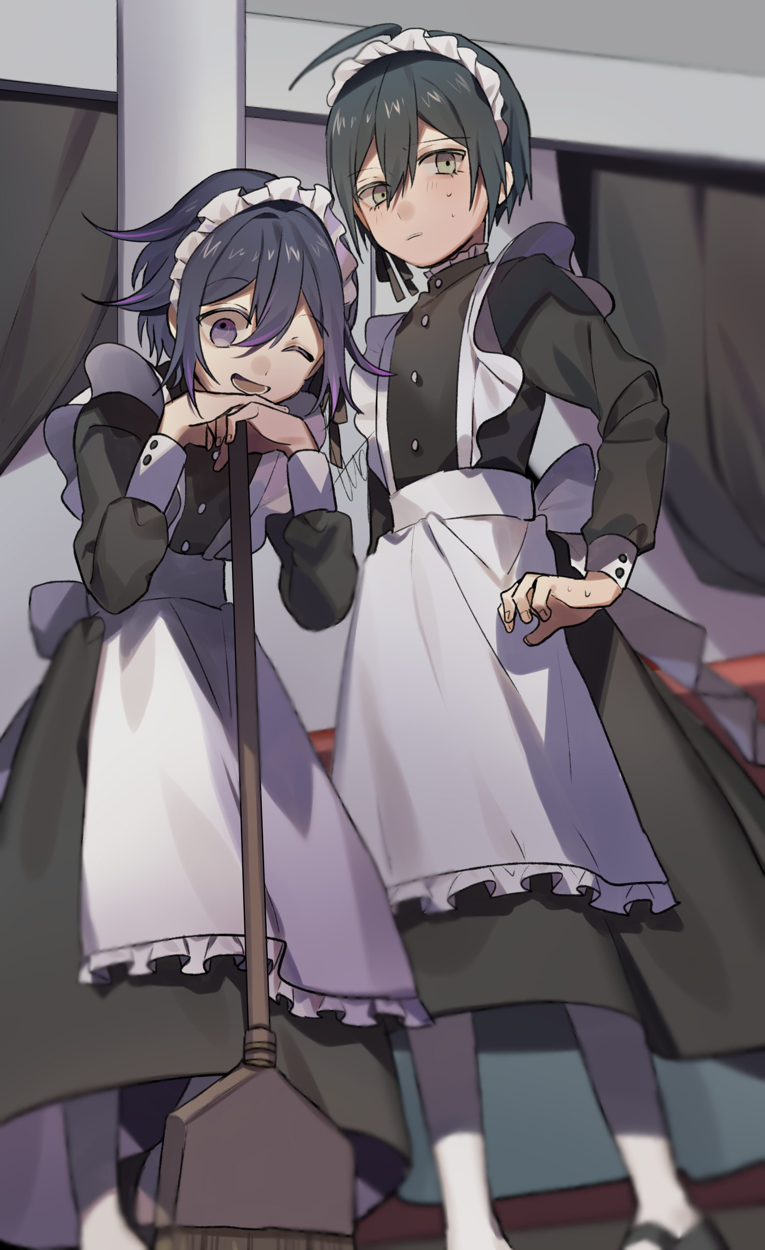 Safebooru - 2boys absurdres ahoge alternate costume apron bangs black dress black footwear black ...