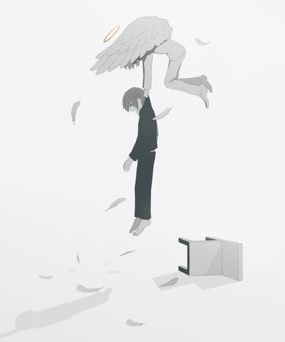 Safebooru - 2boys :d angel angel wings avogado6 barefoot black pants ...