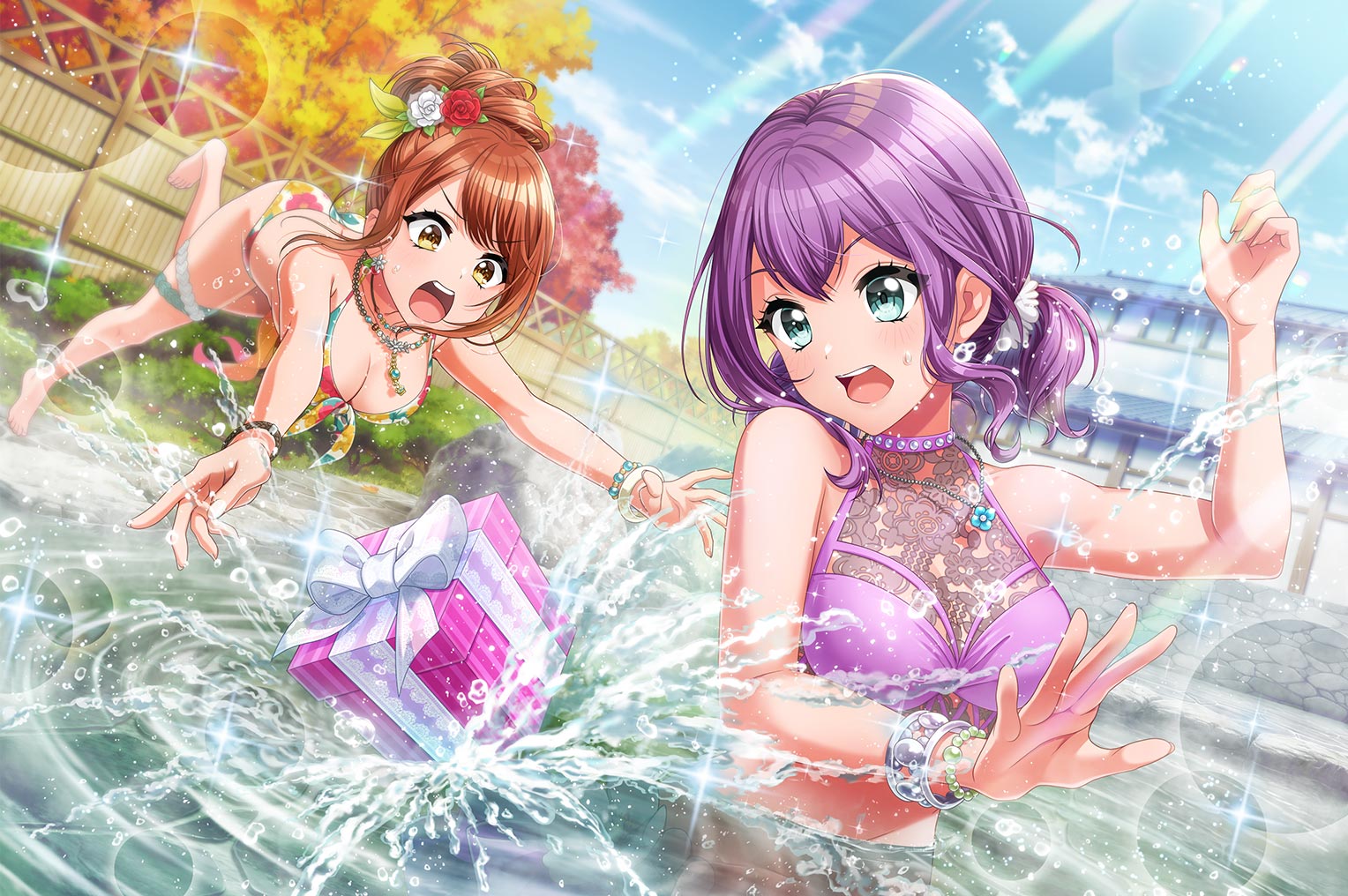 Safebooru - 2girls bikini blue eyes blush d4dj hidaka saori purple hair short hair smile ...