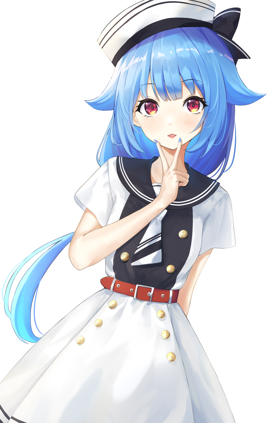 Safebooru - 1girl arm behind back bangs belt black bow blue hair blue nails blunt bangs blush ...