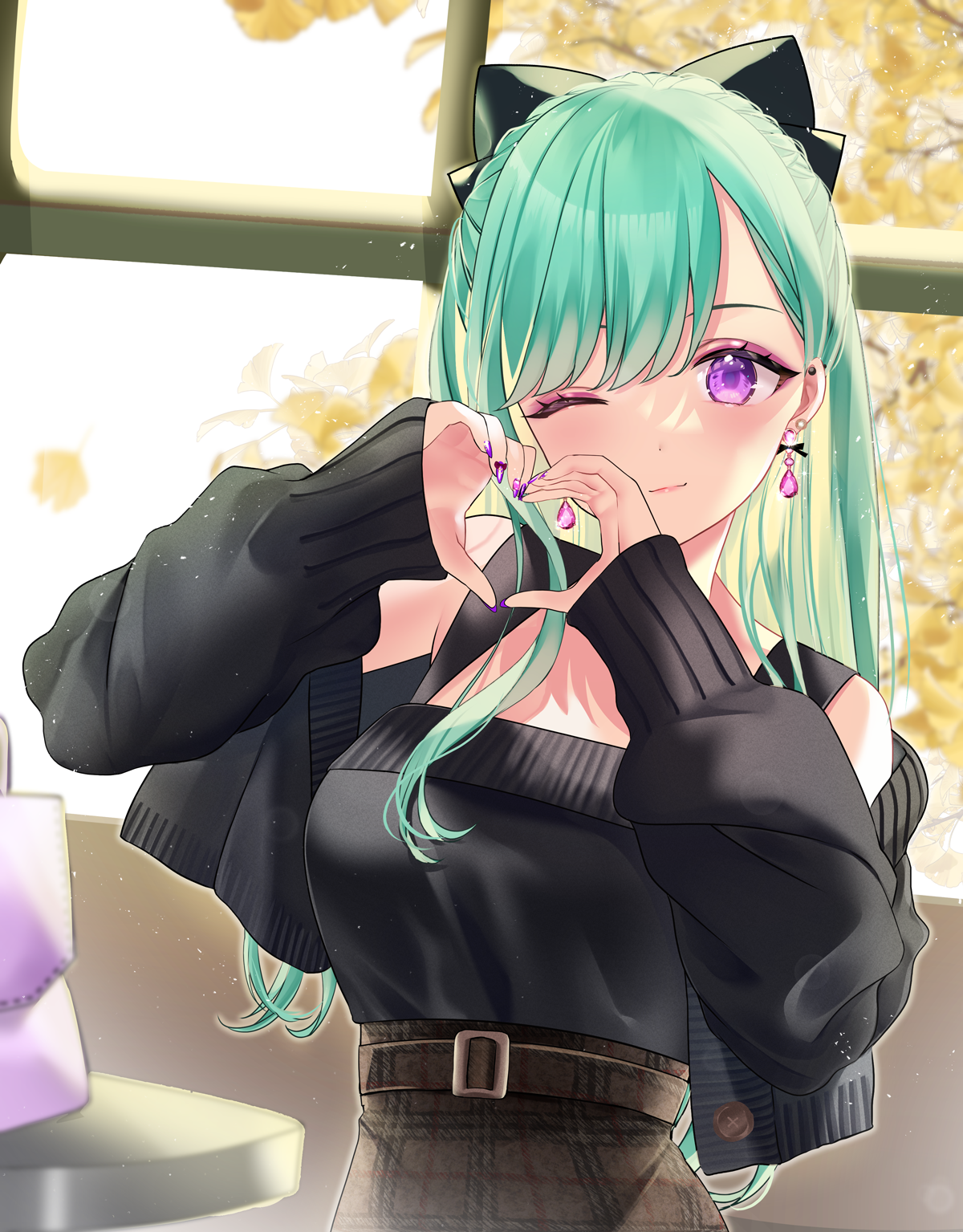 Safebooru - 1girl ;) alternate costume autumn autumn leaves bag bangs belt black bow black ...