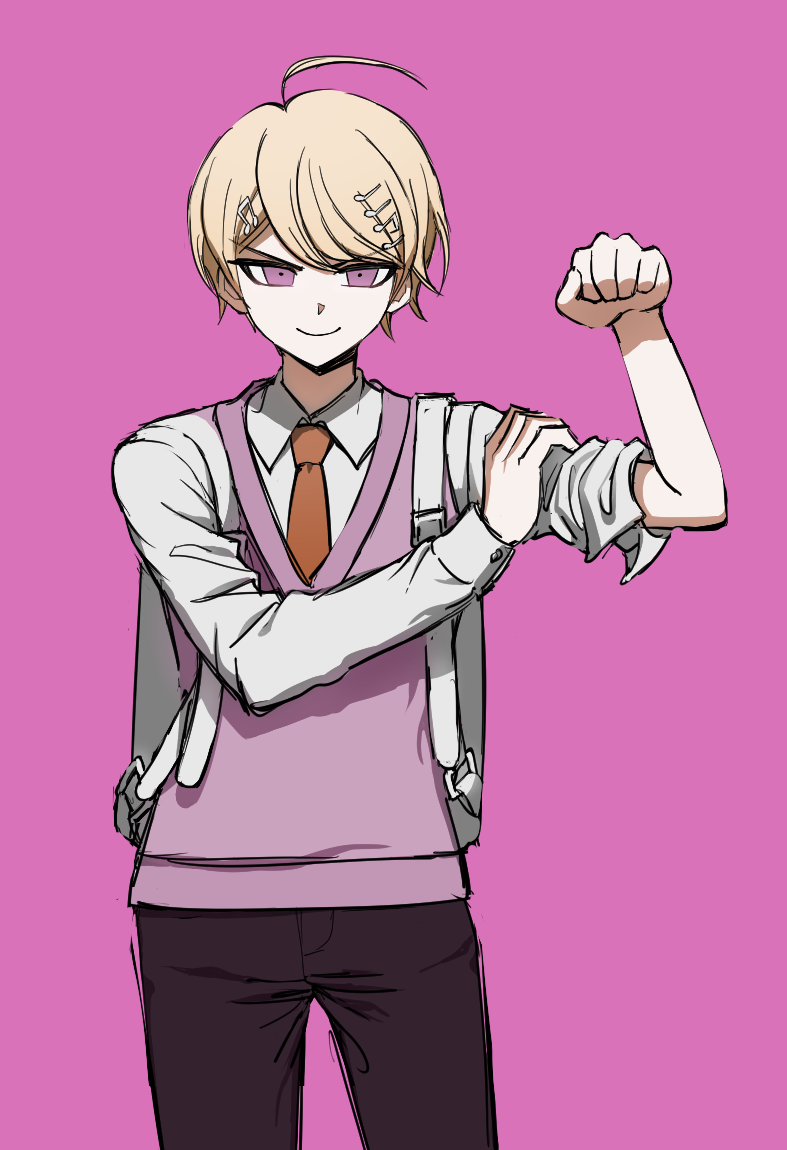 Safebooru - 1boy ahoge akamatsu kaede backpack bag bangs black pants blonde hair brown neckwear ...